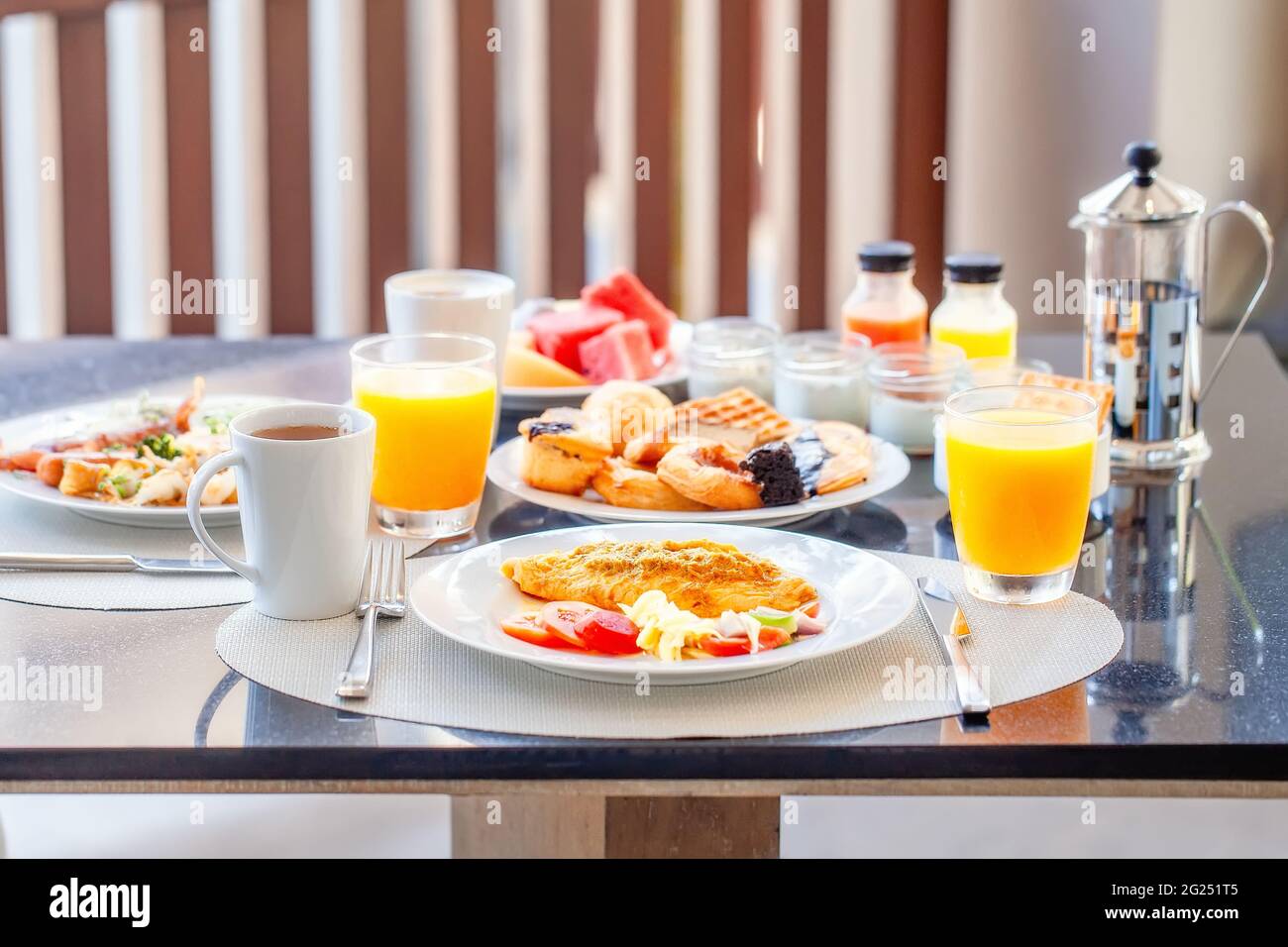 Breakfast Buffet in Luxury Hotel, Omelette and Fresh Desserts, Buns ...