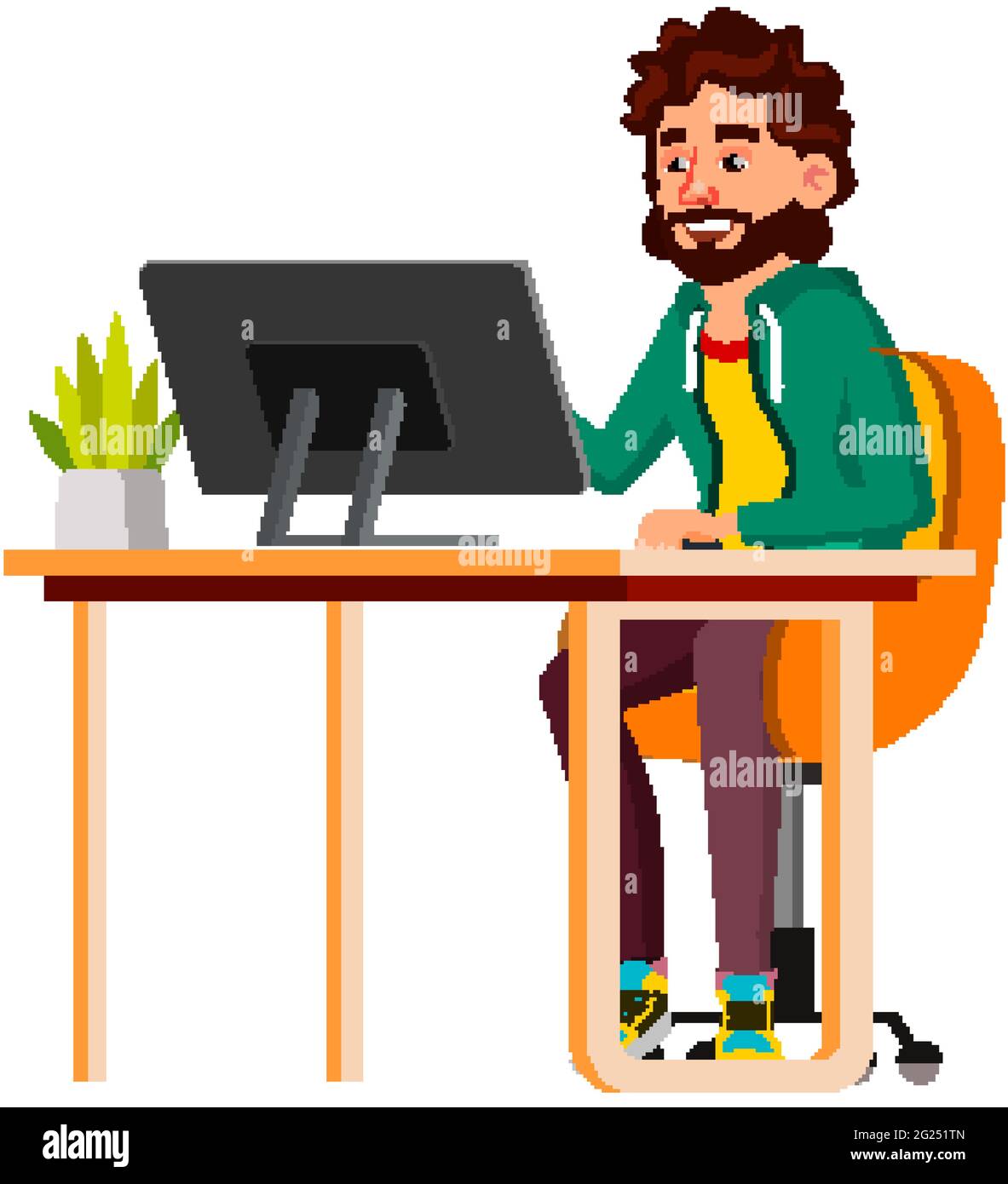 bearded young man guy work at pc in office cartoon vector Stock Vector ...