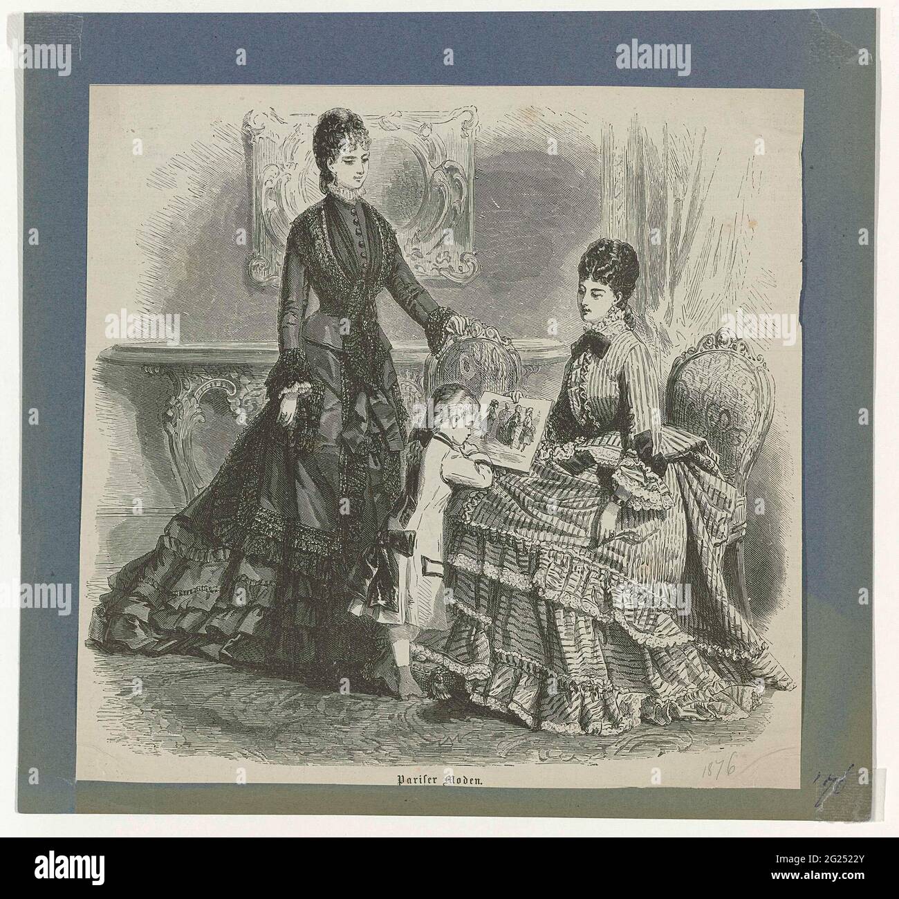 Pariser Moden, 1876. Two women and a girl in an interior. The woman in ...