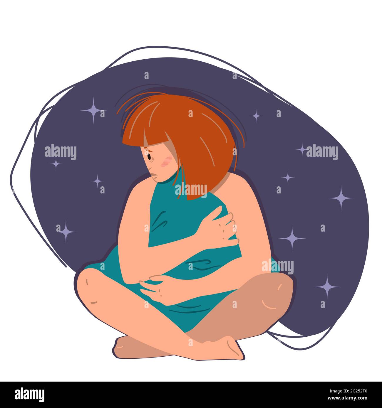 Sleepless girl sitting on the floor and hugging pillow. Woman suffers ...