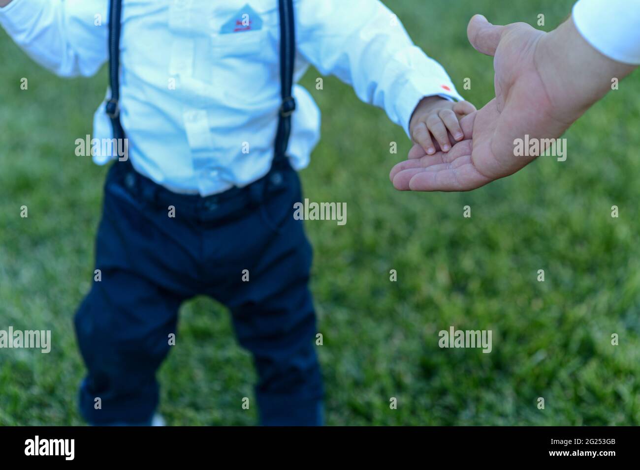 Boy kid holding the hand of his father Stock Photo - Alamy