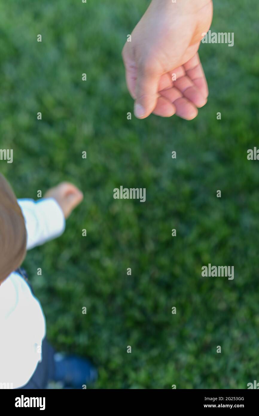 Boy kid holding the hand of his father Stock Photo - Alamy