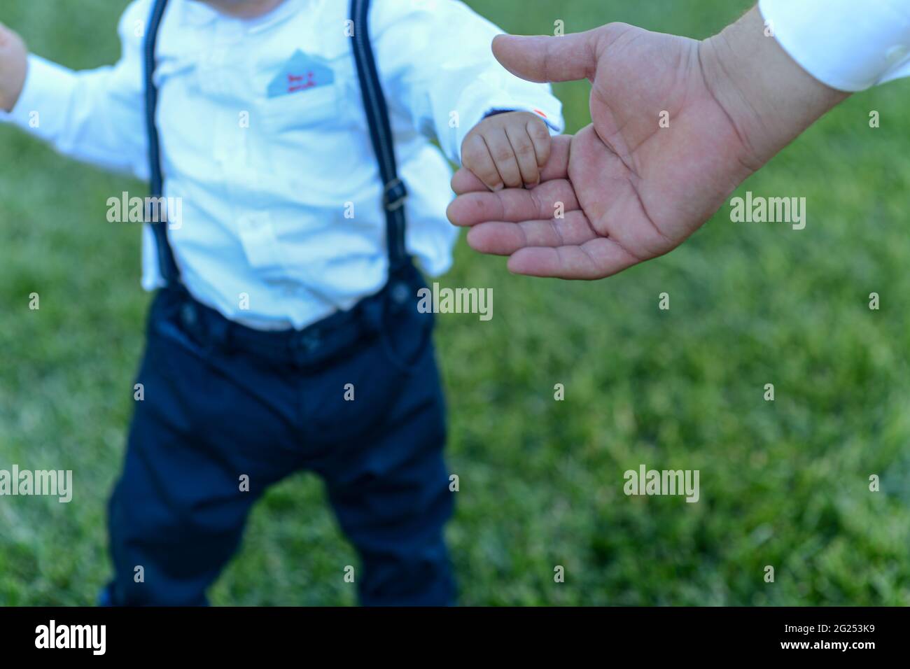 Boy kid holding the hand of his father Stock Photo - Alamy