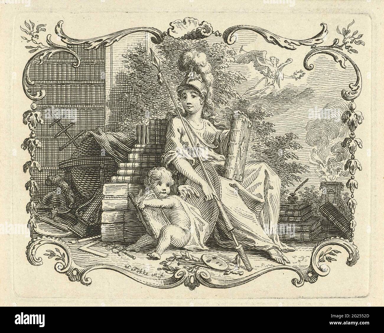 Vignet with Minerva and Putto. Minerva is surrounded by piled up books ...