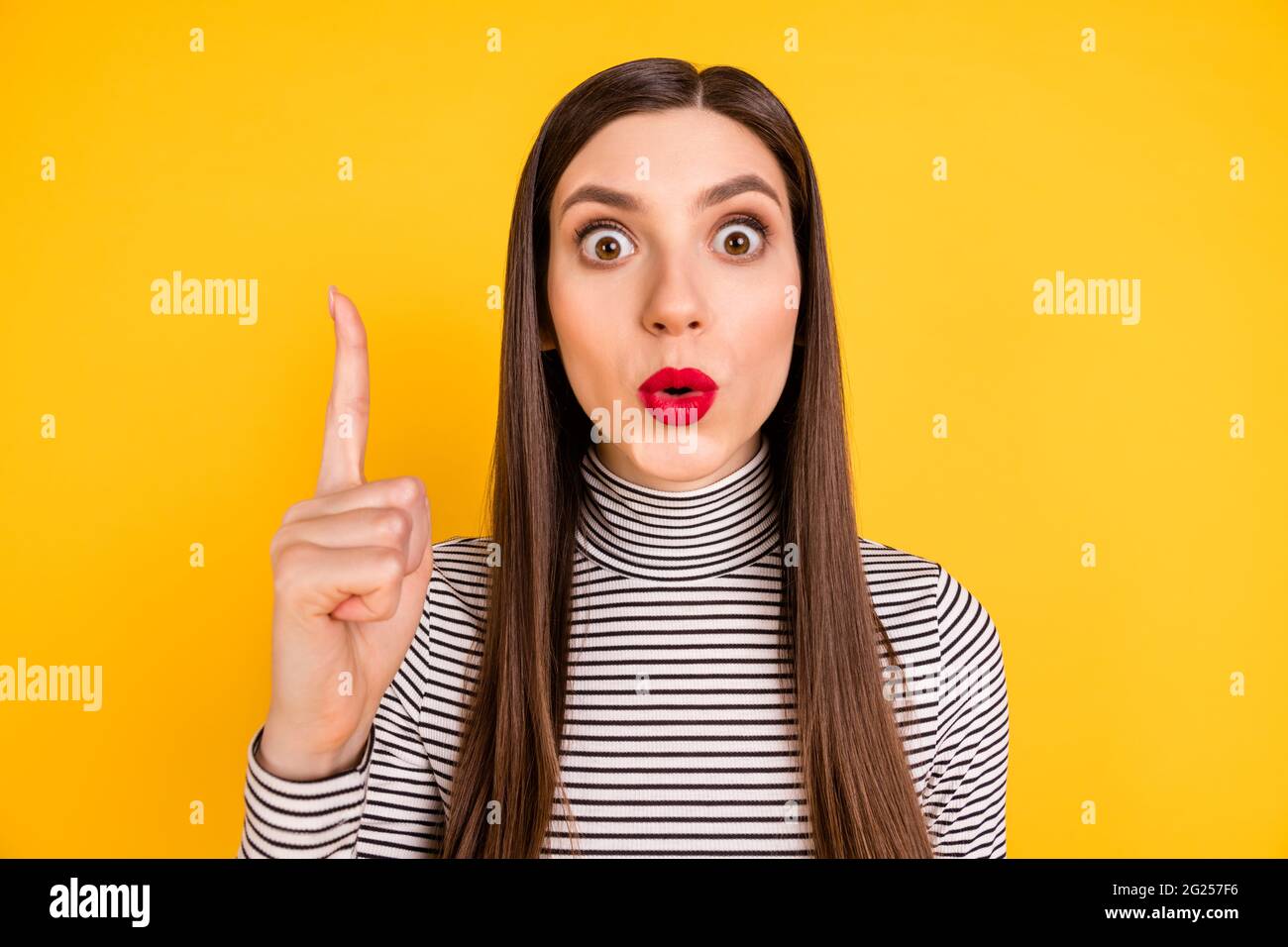 Photo of young excited girl point fingers have an idea brilliant ...