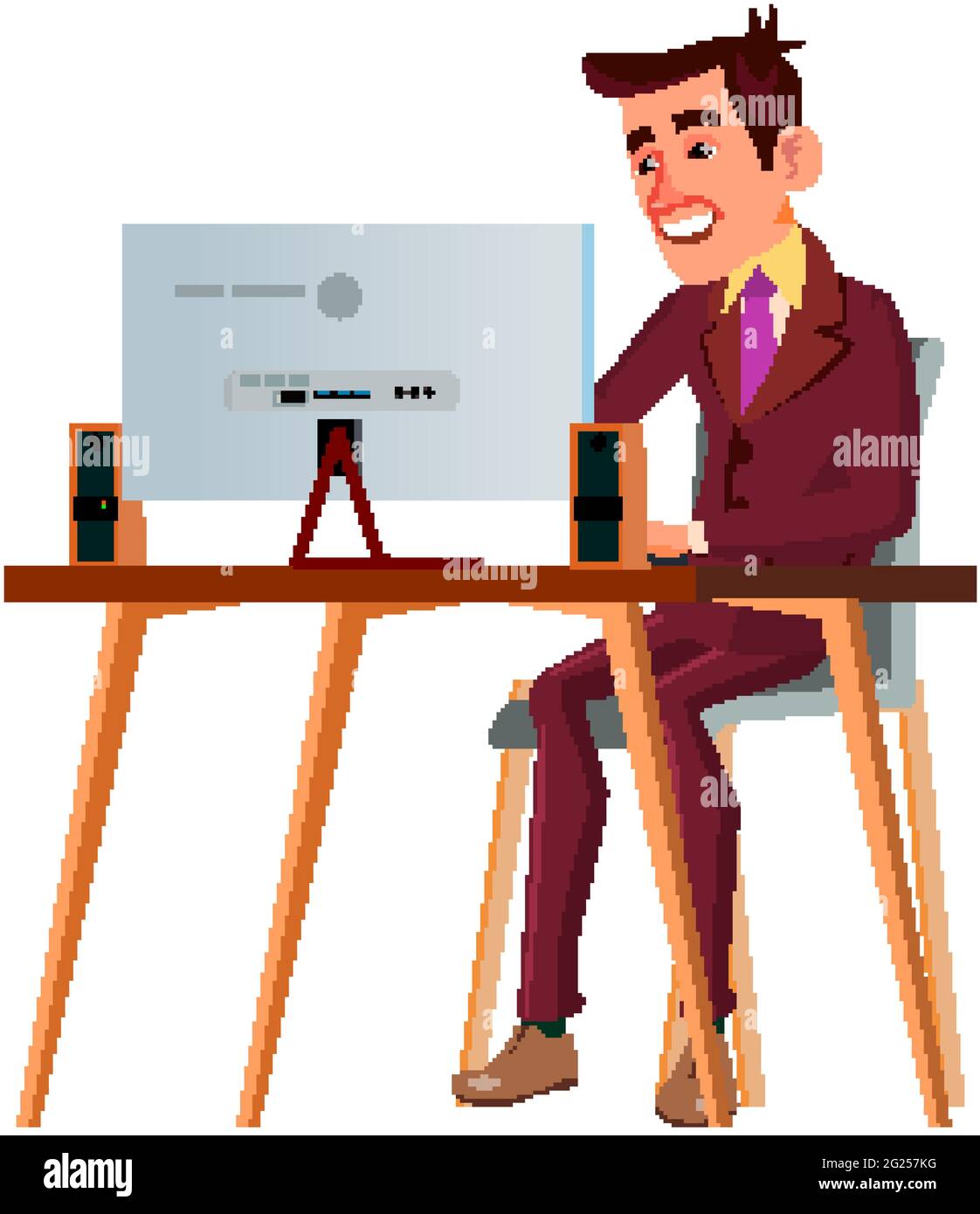 smiling man computer using and talking with customer through video call ...