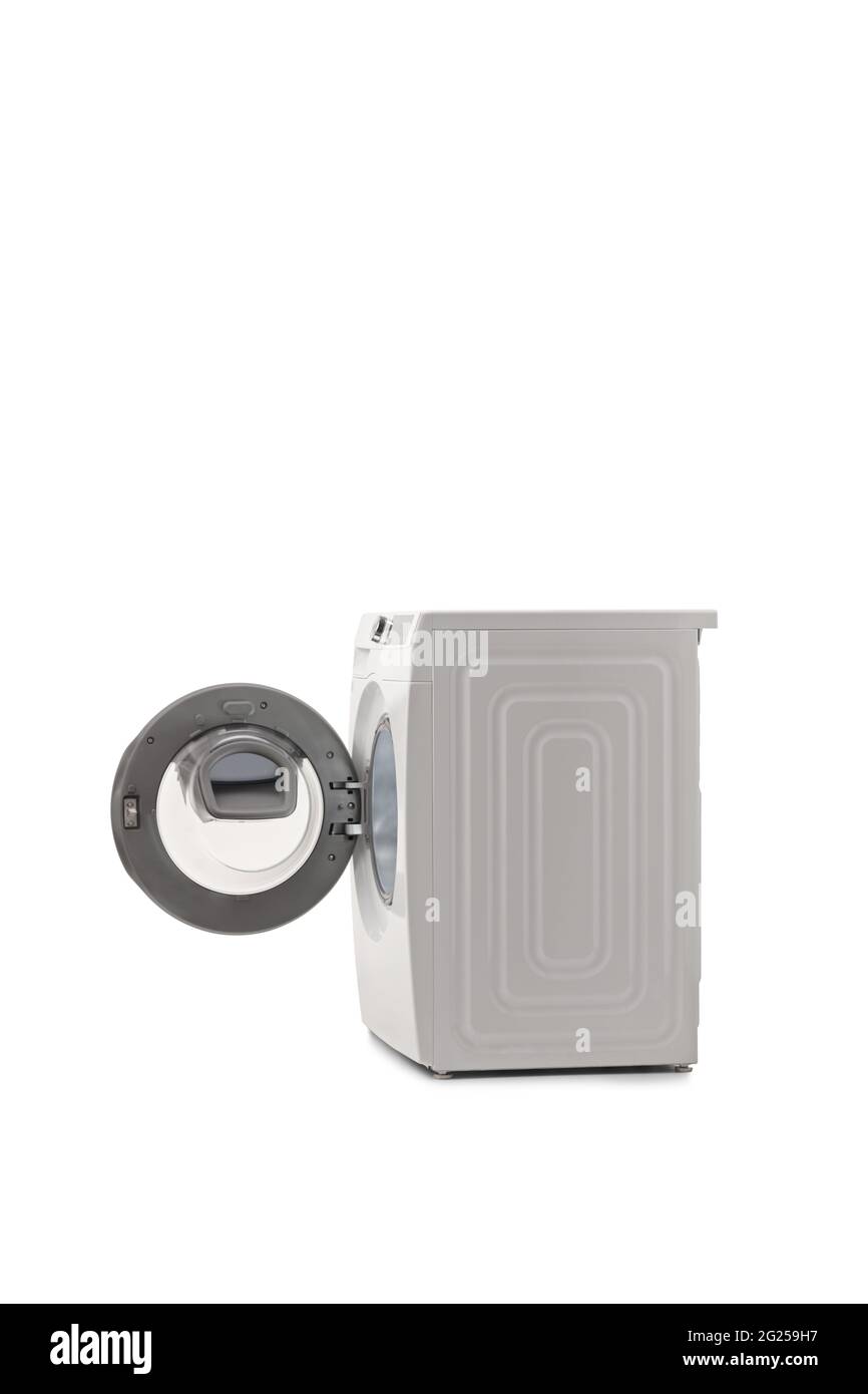 SIde shot of a washing machine with an open door isolated on white ...