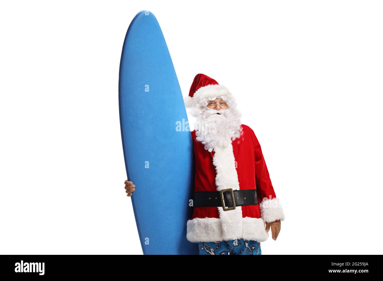 Santa wearing swimming suit and holding a surfing board isolated on ...