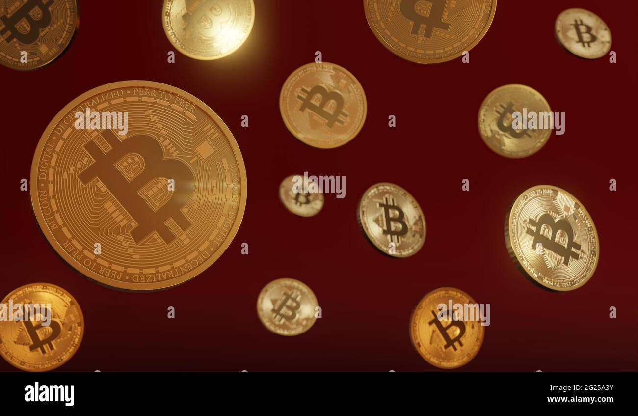 Red background with floating bitcoins Stock Photo - Alamy