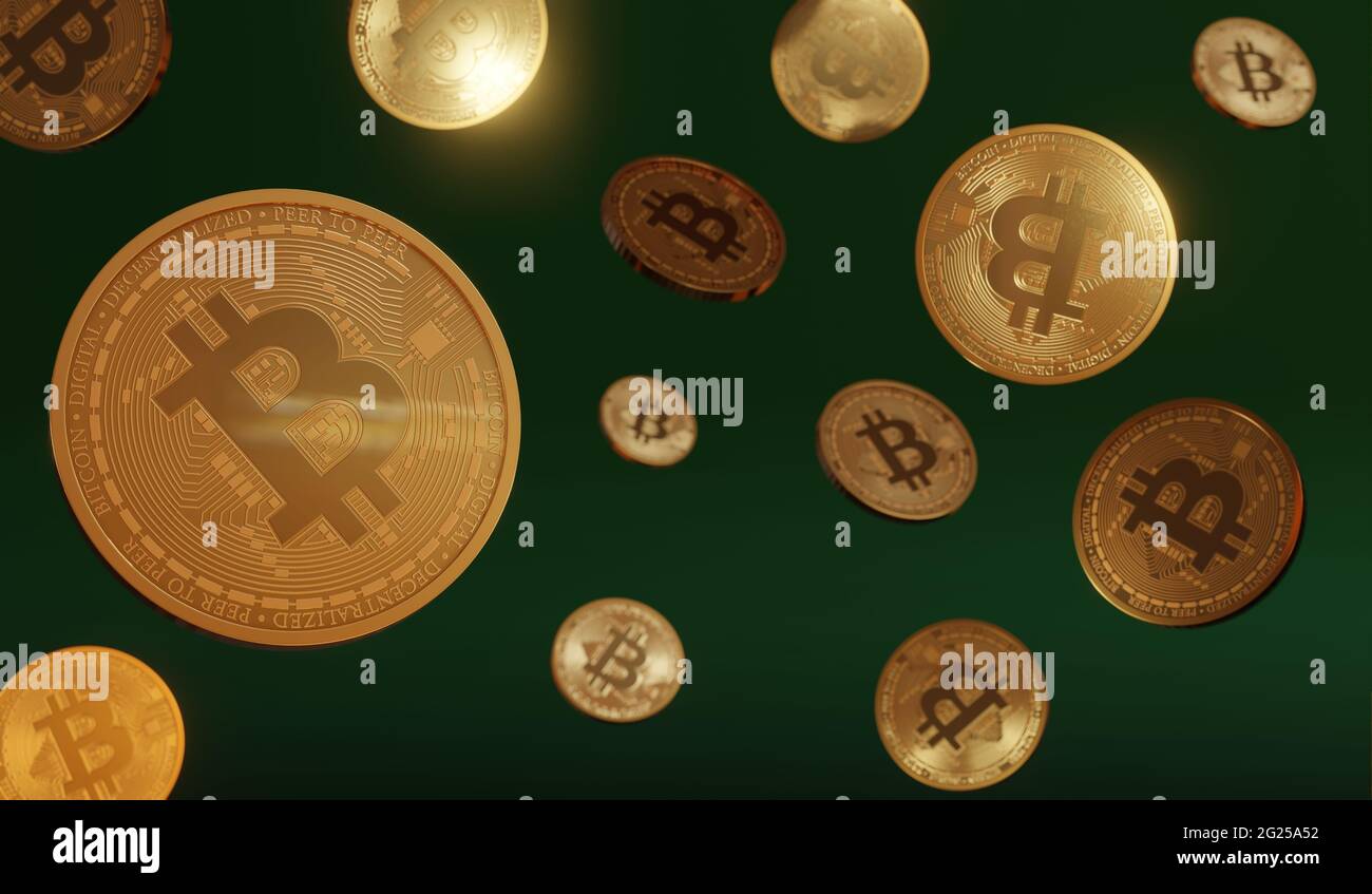 Green background with floating bitcoins Stock Photo - Alamy