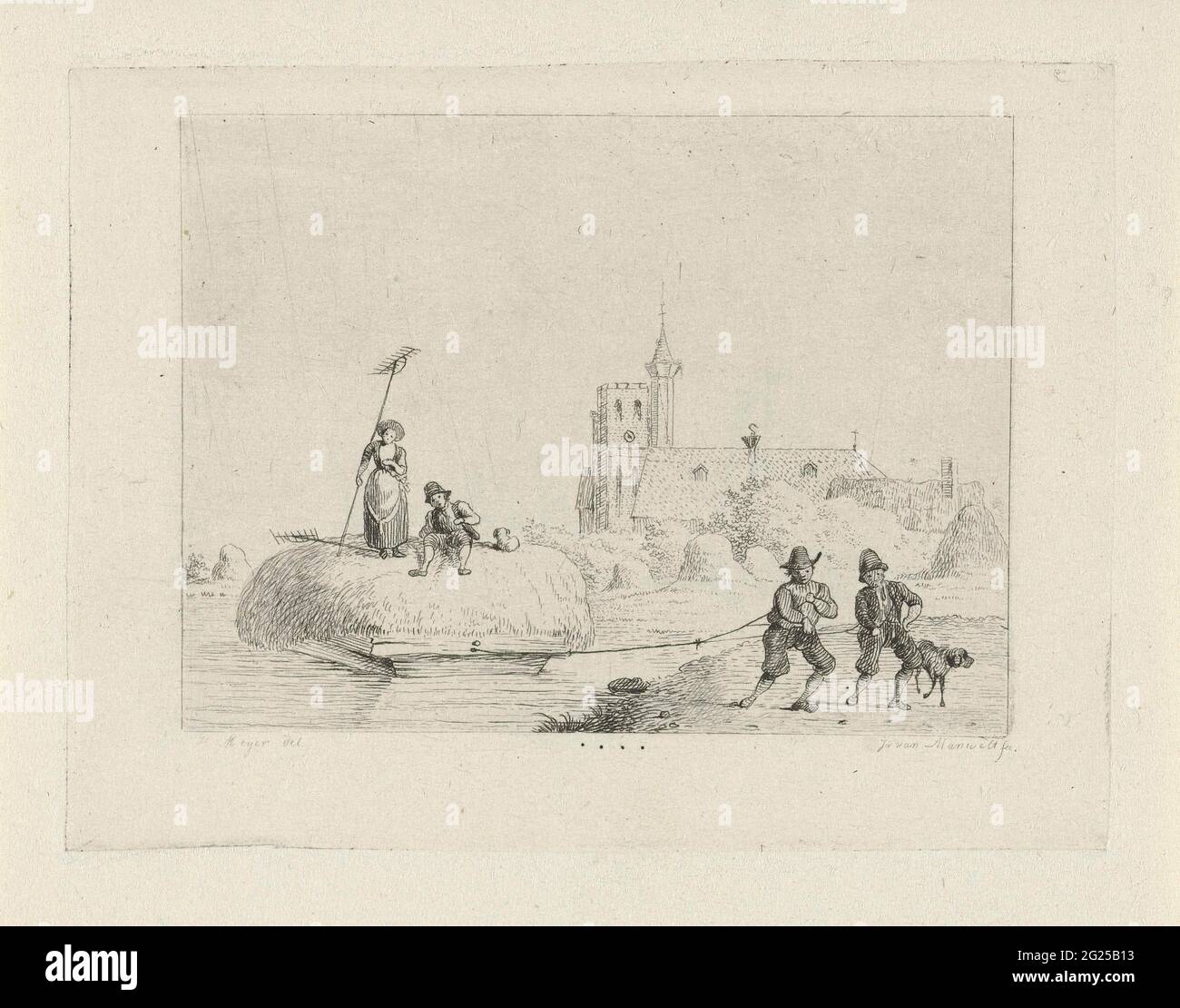 Hayed by two figures. A heavily loaded hay sprouts with a man and a ...