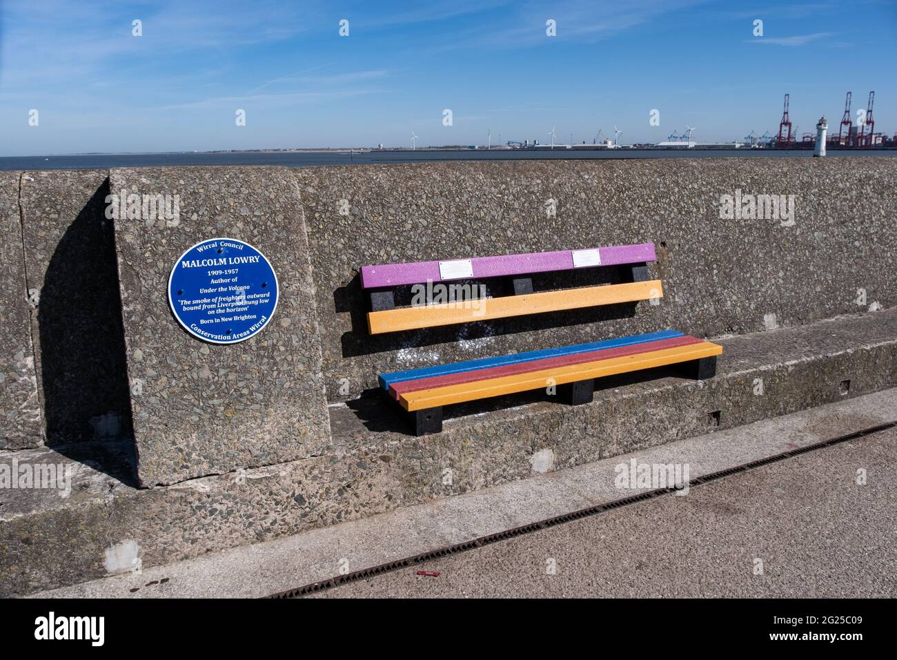 bench and blue plaque on the prom in New Brighton Wirral April 2021 ...