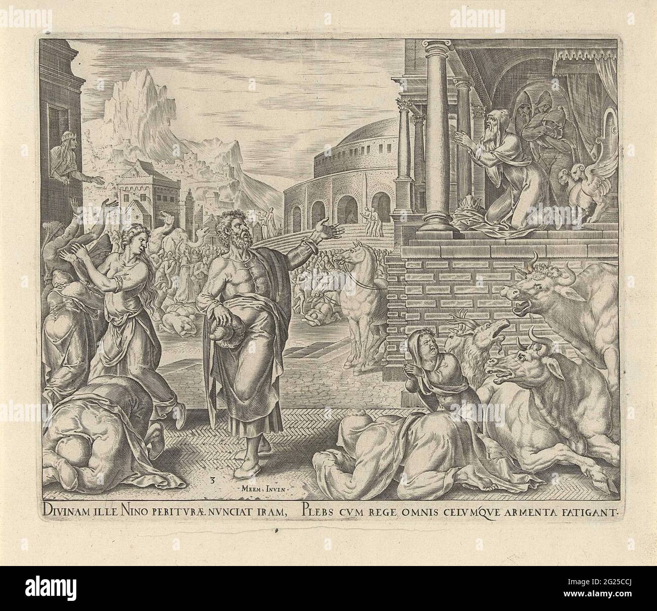 Jona predicts the downfall of Nineve; History of Jonah. Jonah stands on ...