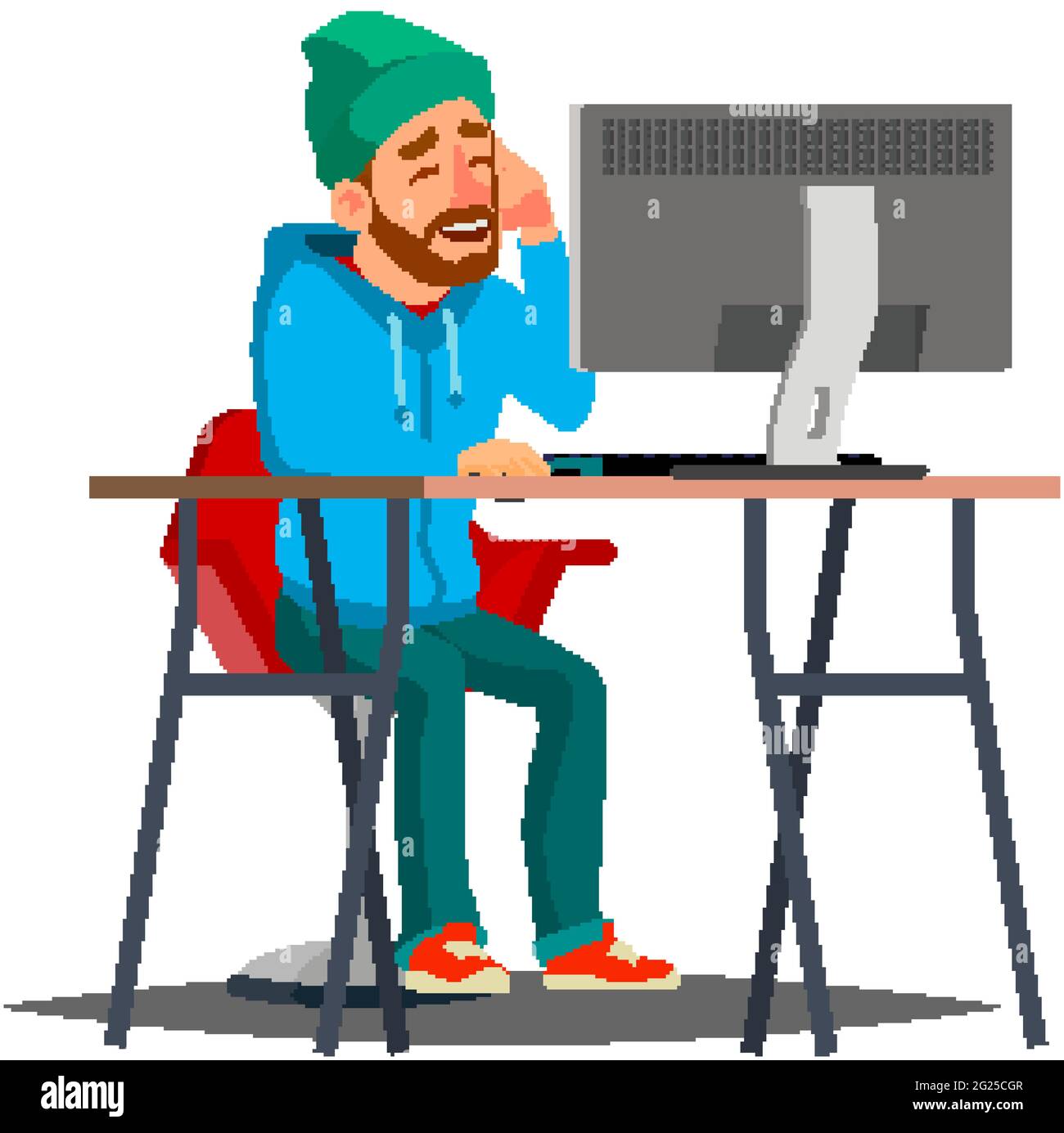 happiness man hipster create cute image on computer cartoon vector ...