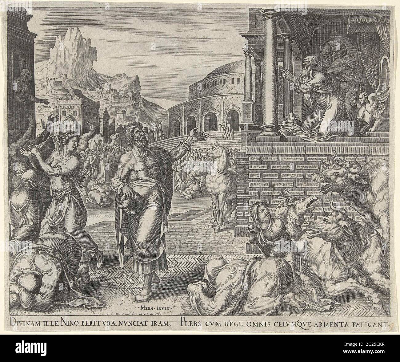 Jona predicts the downfall of Nineve; History of Jonah. Jonah stands on ...