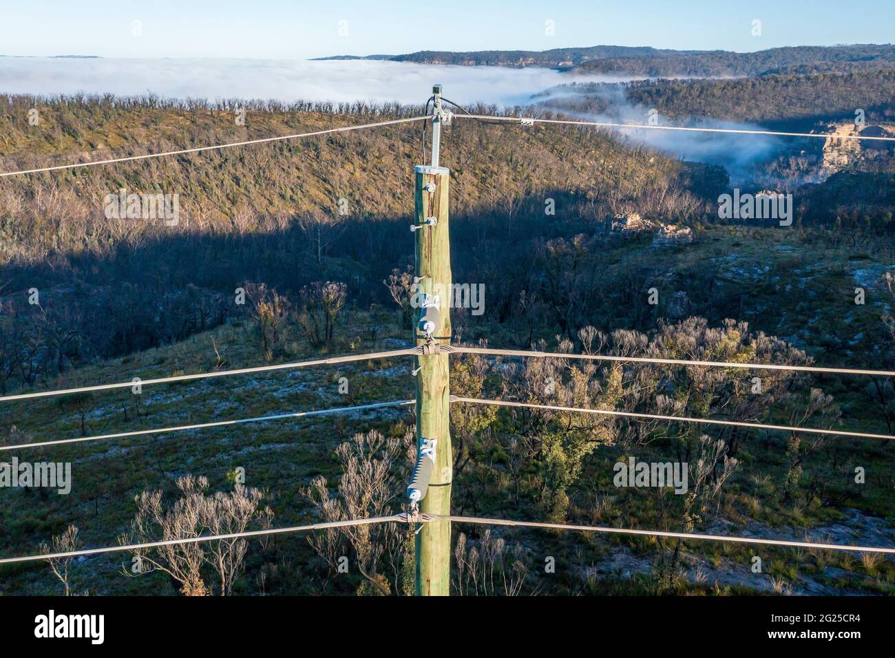 Drone aerial photograph of a telephone pole and wires in a forest ...