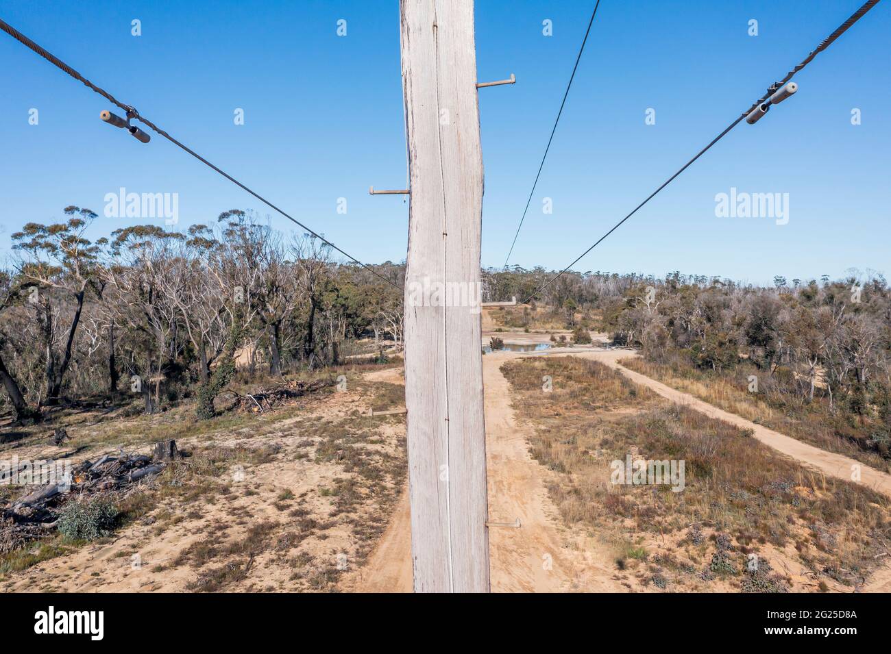 Drone aerial photograph of a telephone pole and wires in a forest ...