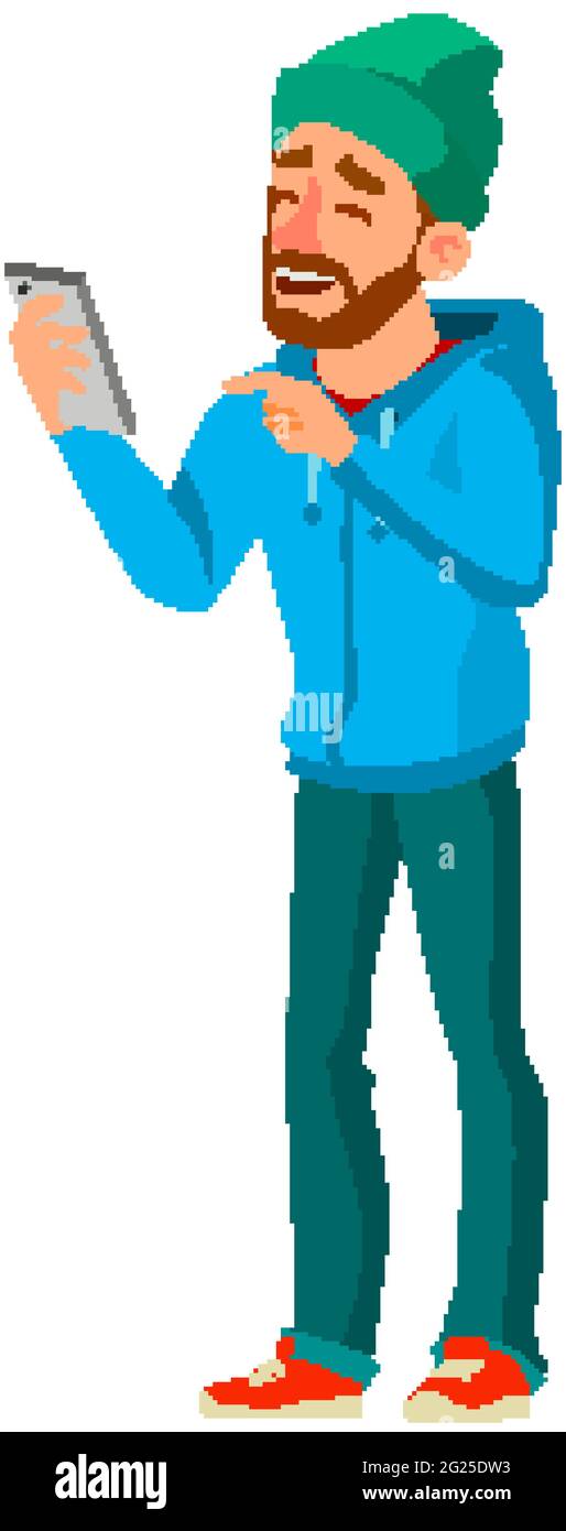 man hipster smiling and sending funny message to girlfriend cartoon ...