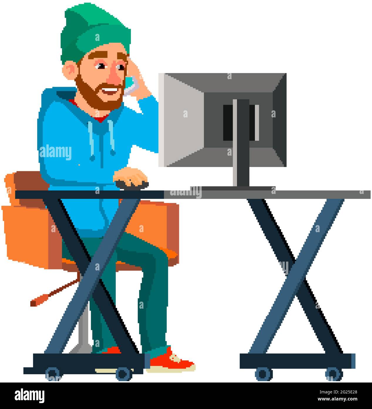 man hipster choosing on computer and ordering technics on phone cartoon ...