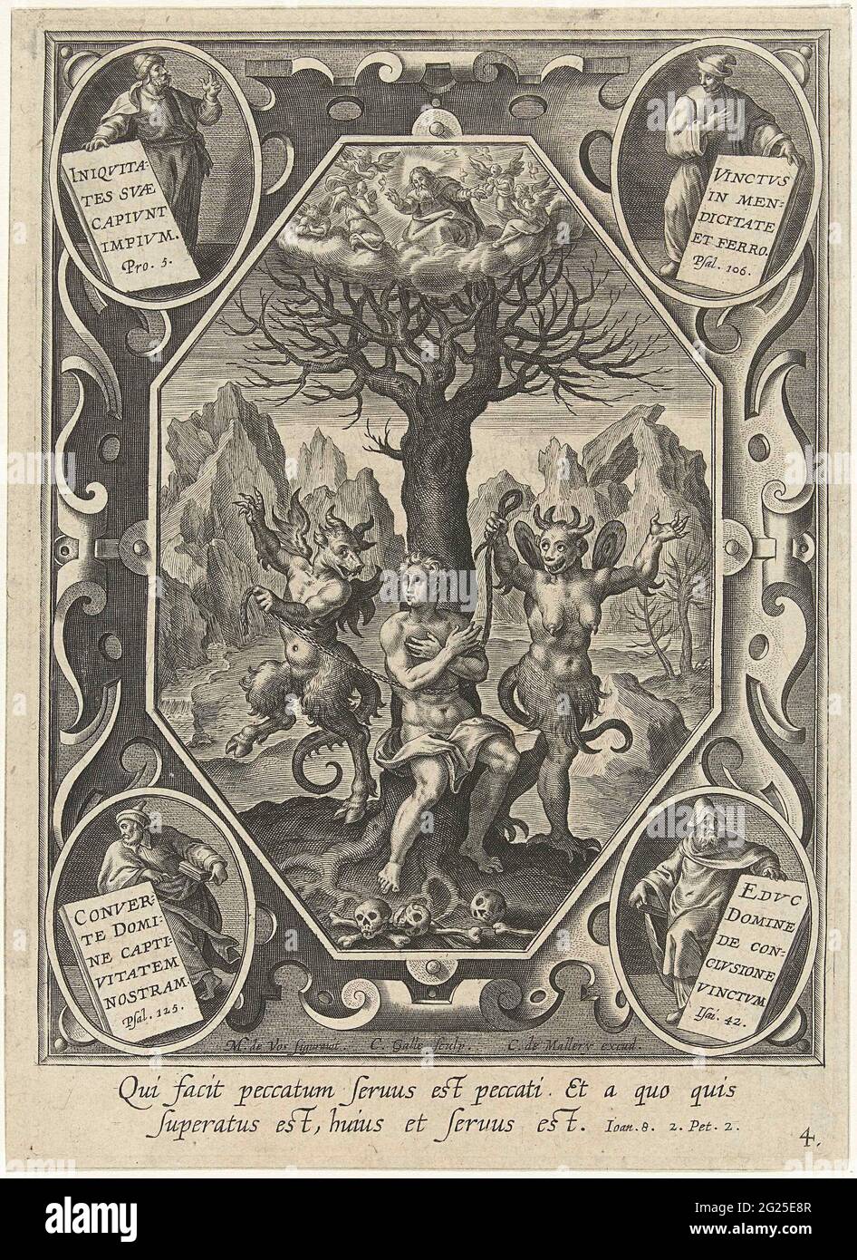 A young man is chained to a tree by two devils. A young man dressed ...