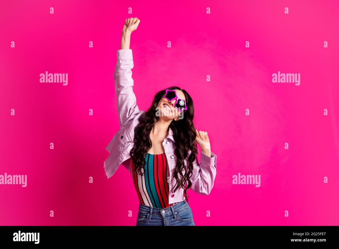 Photo of hooray brunette nice lady dance wear spectacles top jacket ...