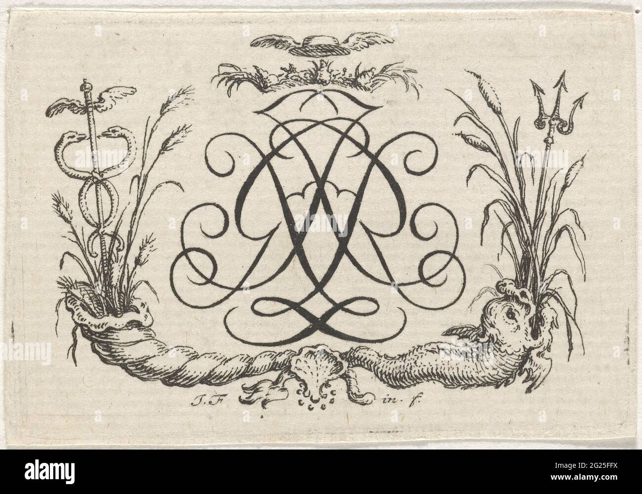 Vignette with caduceus and trident. Calligriped ornamental lines ...