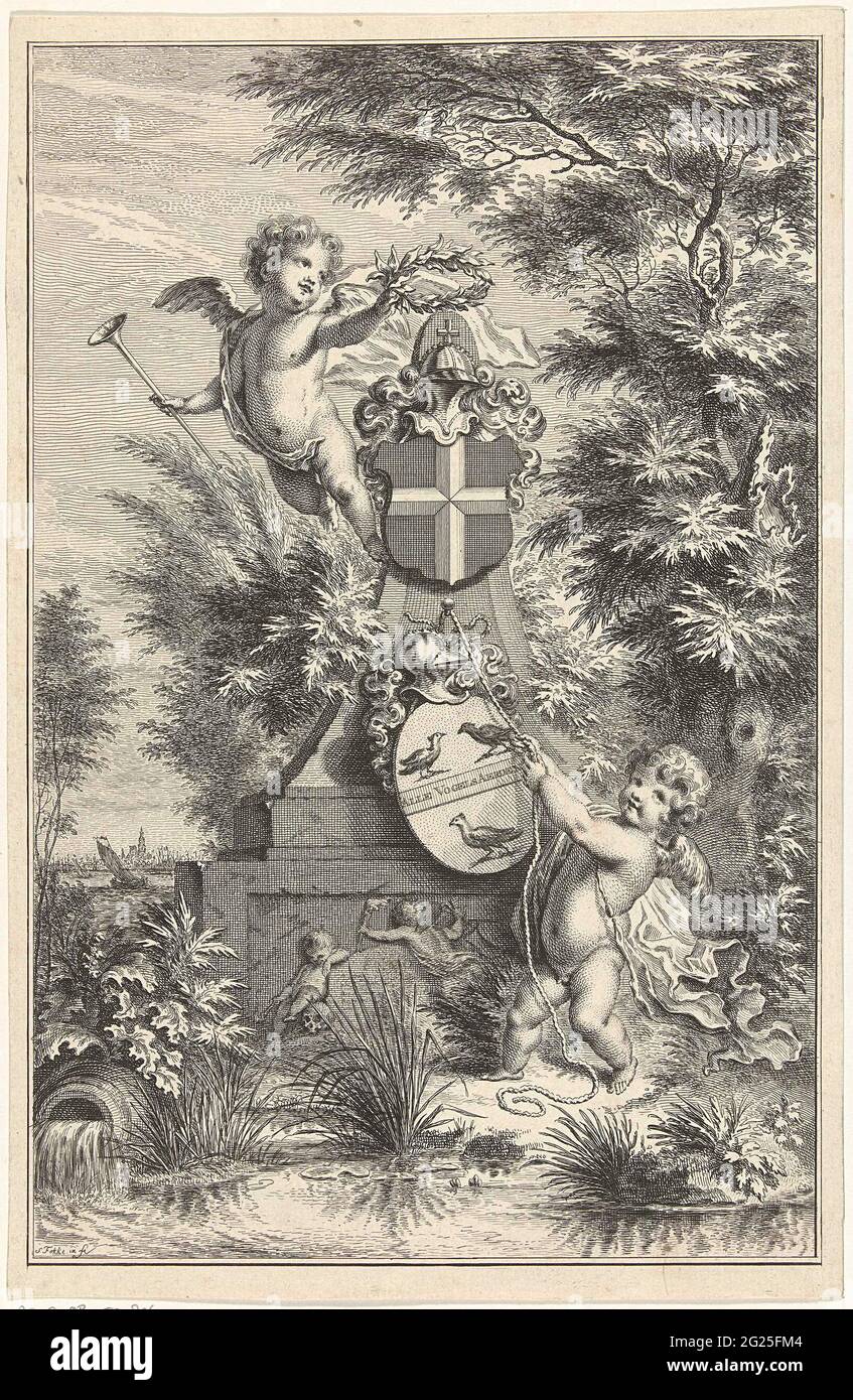 Allegorian memorial with covered coats of arms. Two putti at a memorial ...