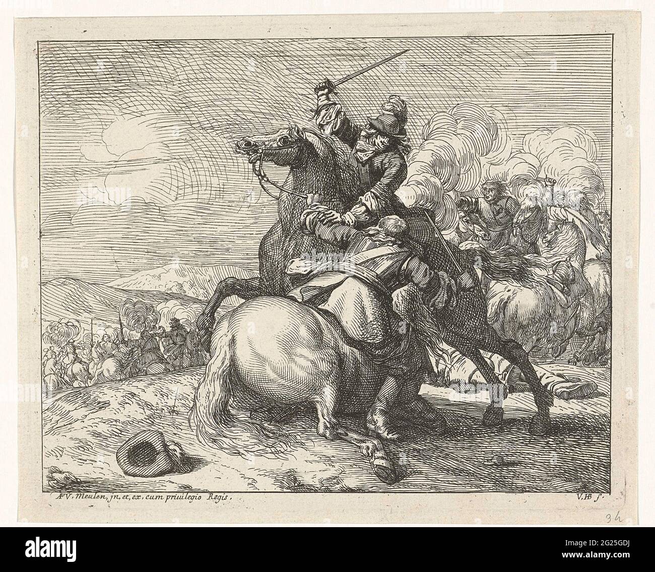 Sword fight between two riders; Cavalry scenes. A soldier on a rising ...