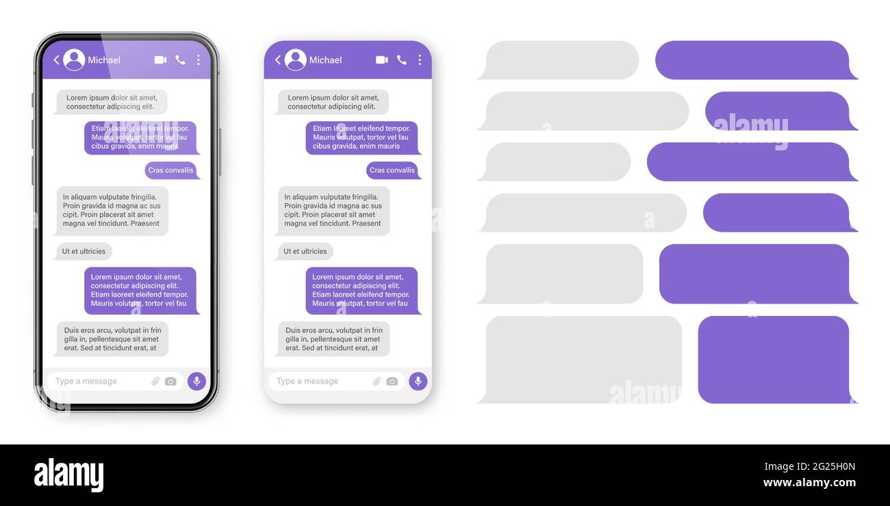 Realistic smartphone with messaging app. Blank SMS text frame ...