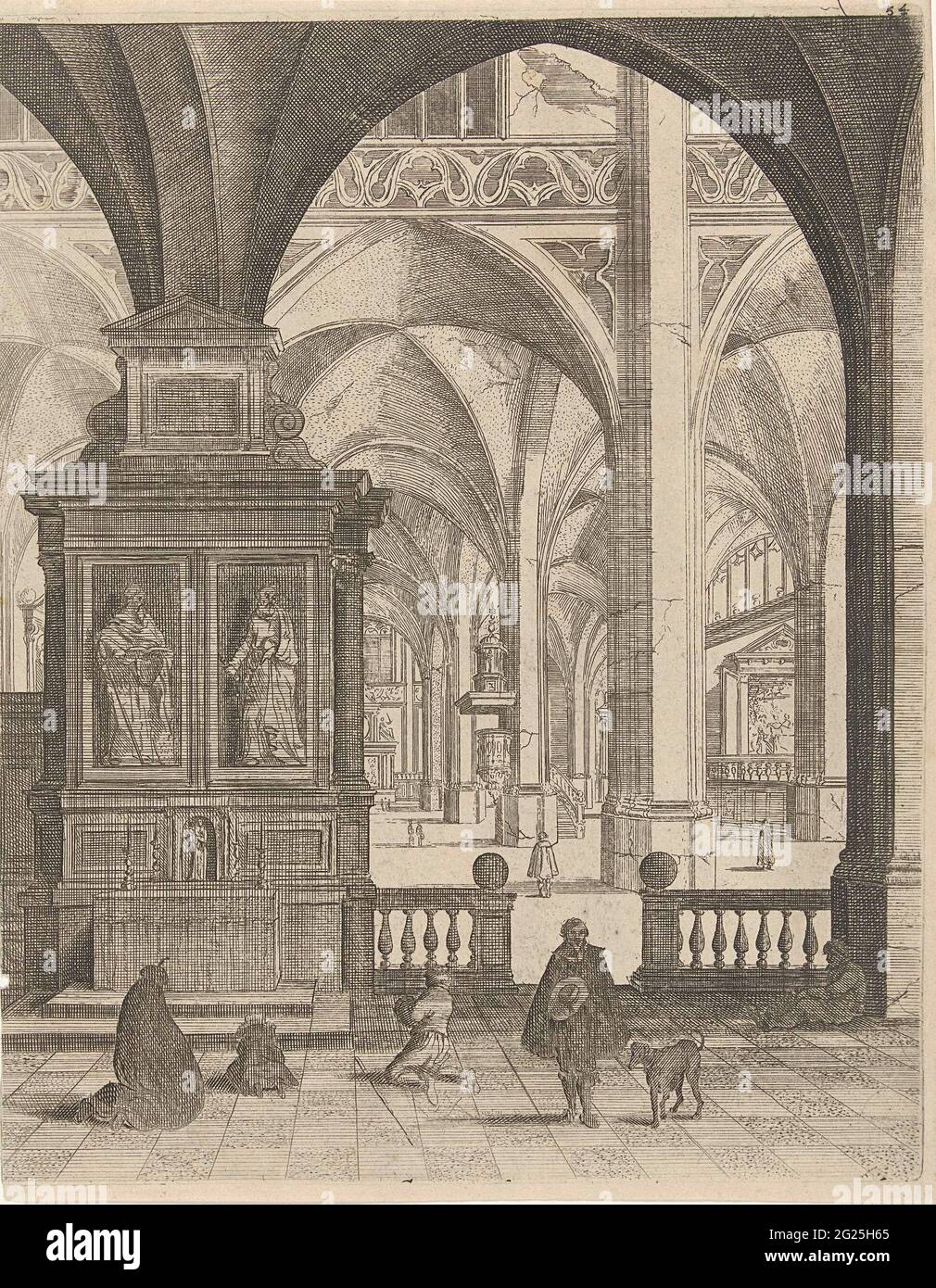 Church interior. Figures in a gothic church interior. Top right labeled ...