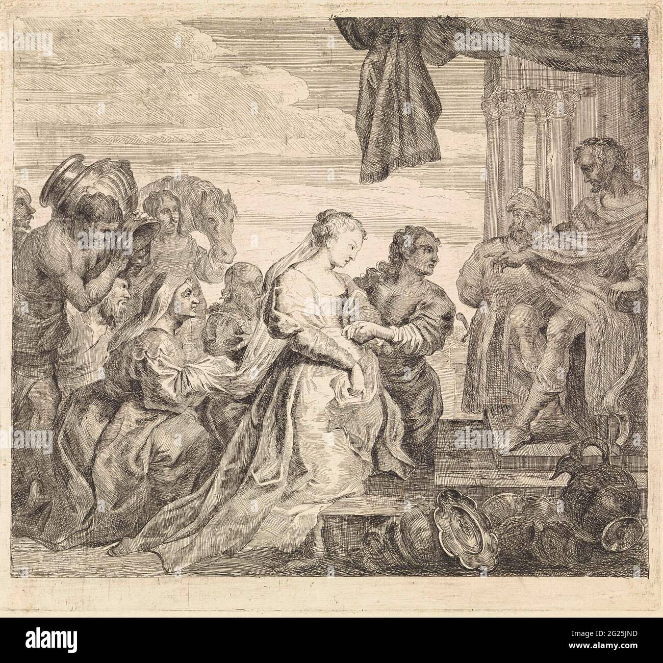 Visit of the Queen of Seba. The Queen of Seba kneels for King Solomon ...