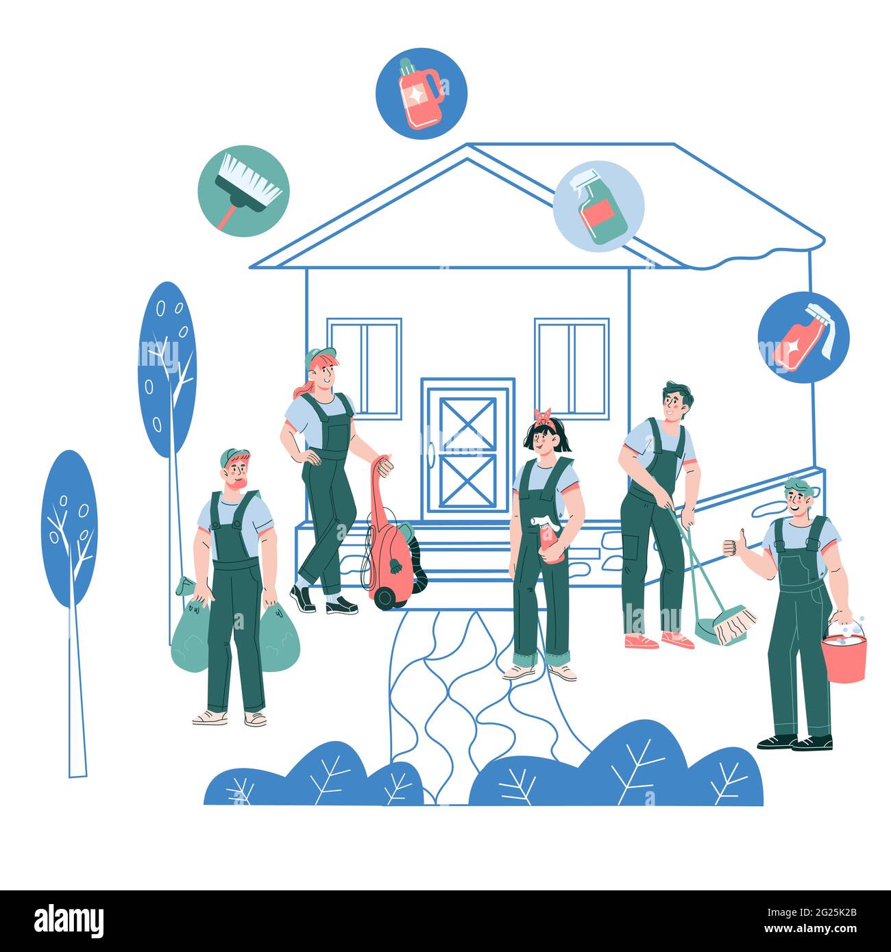 Cleaning, janitor and garden maintenance services staff, cartoon vector ...