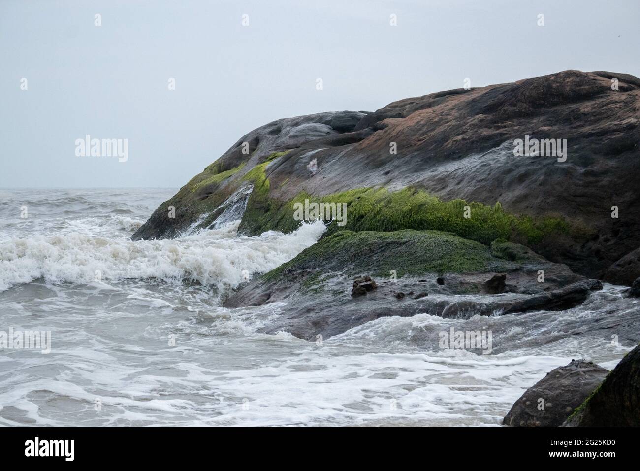 Foamy waves of the ocean hitting mossy rocks Stock Photo - Alamy