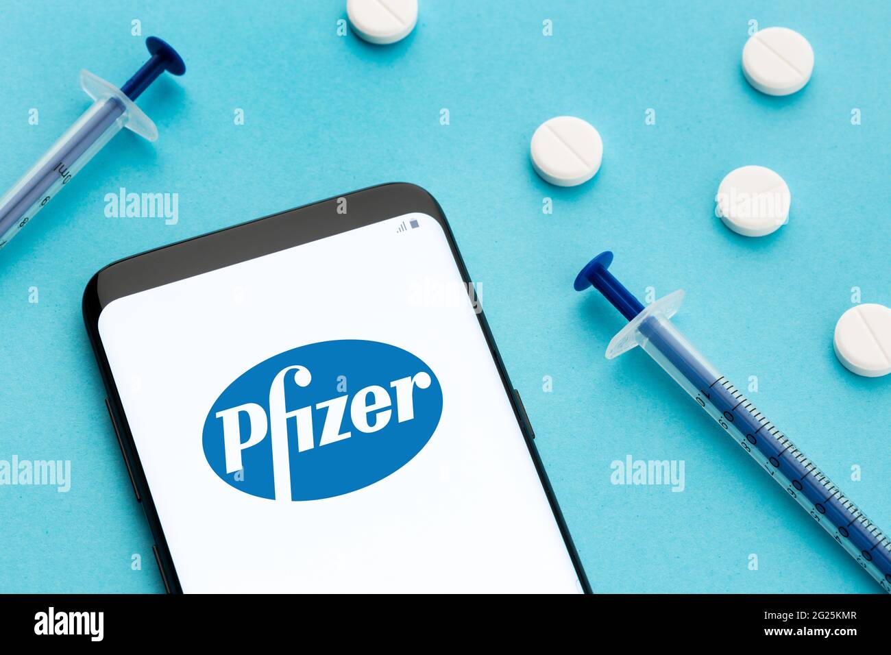 Galicia, Spain; June 8, 2020 : Smart phone showing Pfizer logo on ...