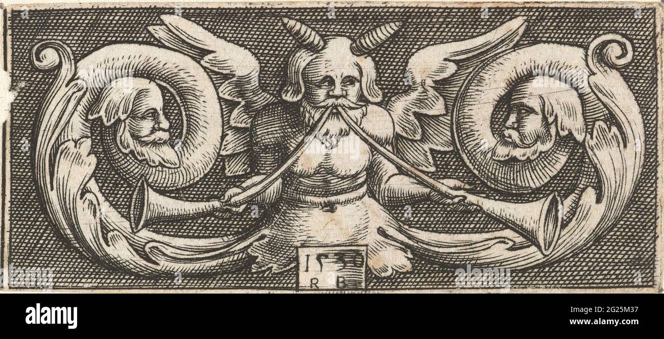 Frisian with the upper body of a winged man blowing on two trumpets ...