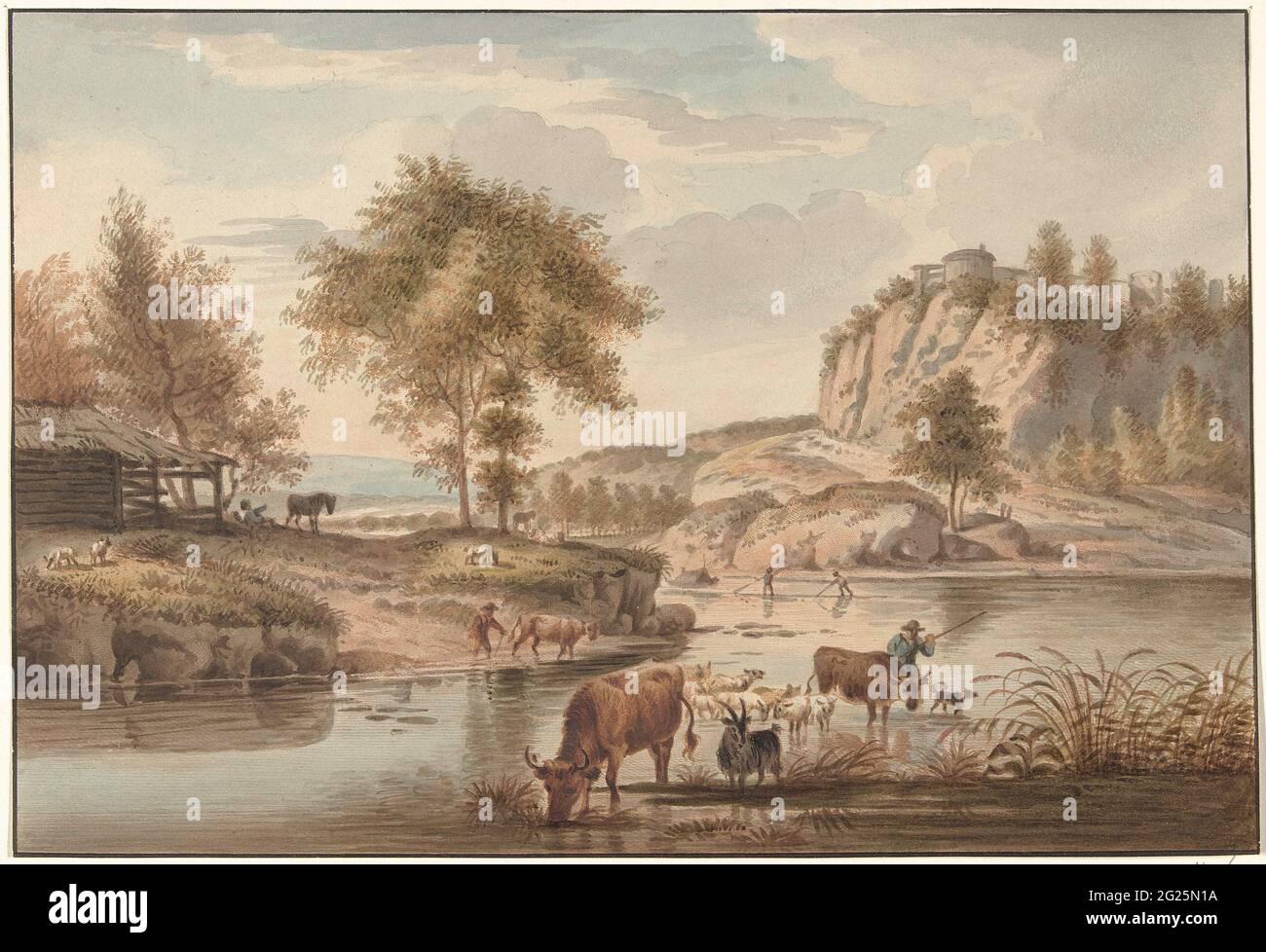 River face with cattle. Hilly landscape with face on a river. In the ...