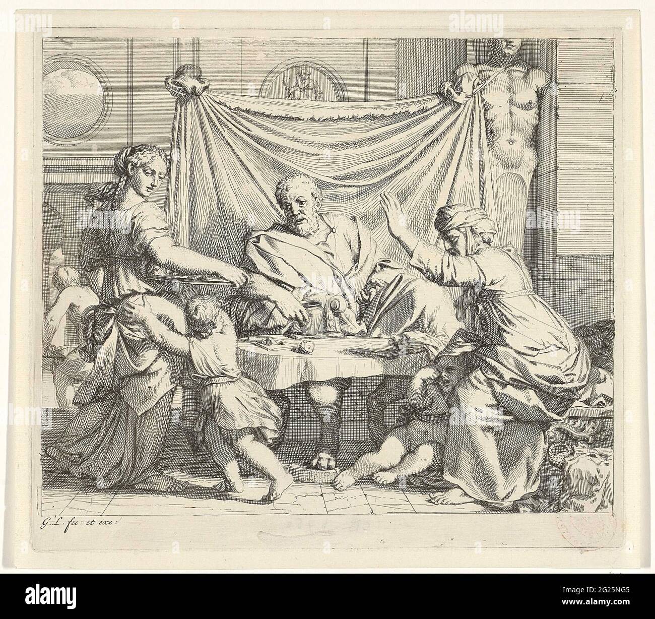 Abraham and Sara at the table; Scenes from Genesis. Abraham is sitting ...