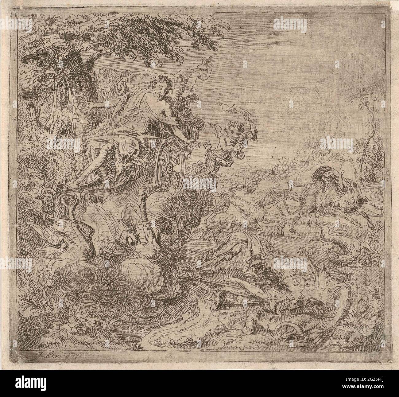 Venus thinks the Dead Adonis. The swans drawn with Venus and Amor drops ...