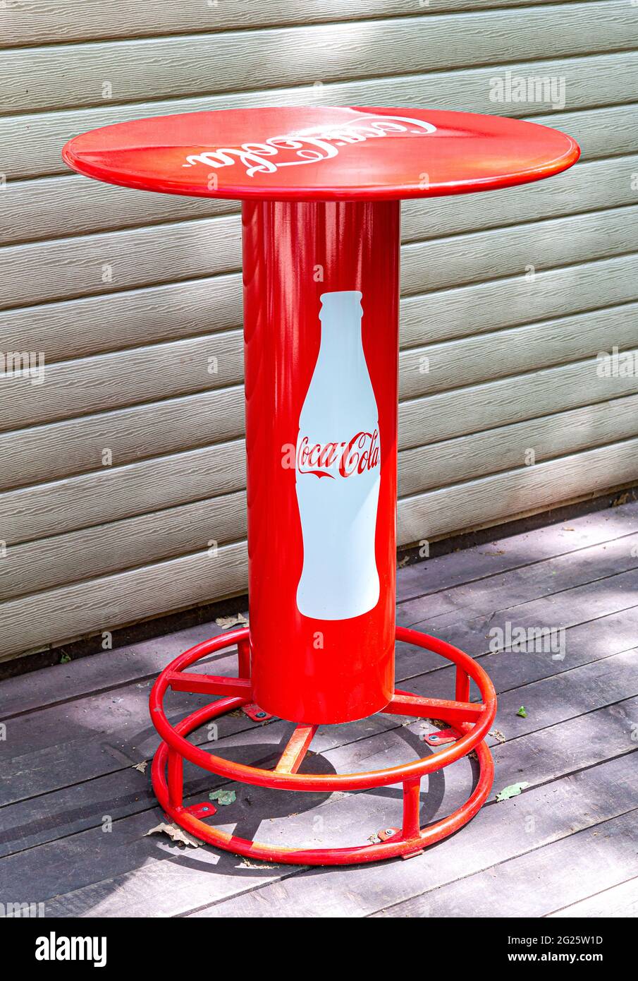 Samara, Russia - June 6, 2021: Red branded table of the Coca-Cola ...