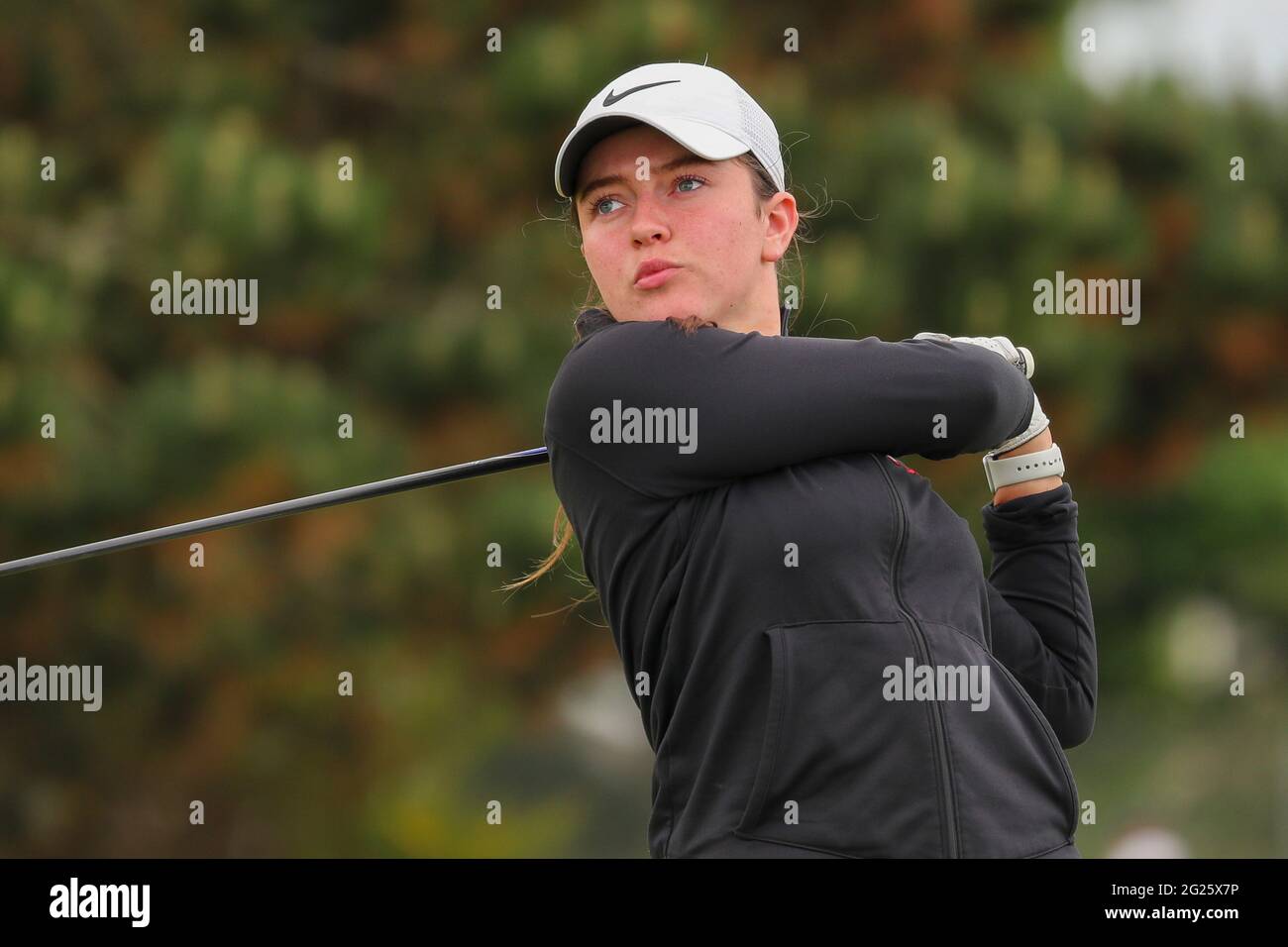 Troon, UK. 8th June, 2021. CARYS WORBY from Wales teeing off at the ...