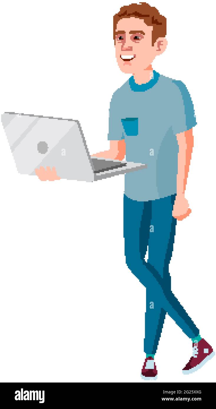 smiling man designer holding laptop speaking with client cartoon vector ...