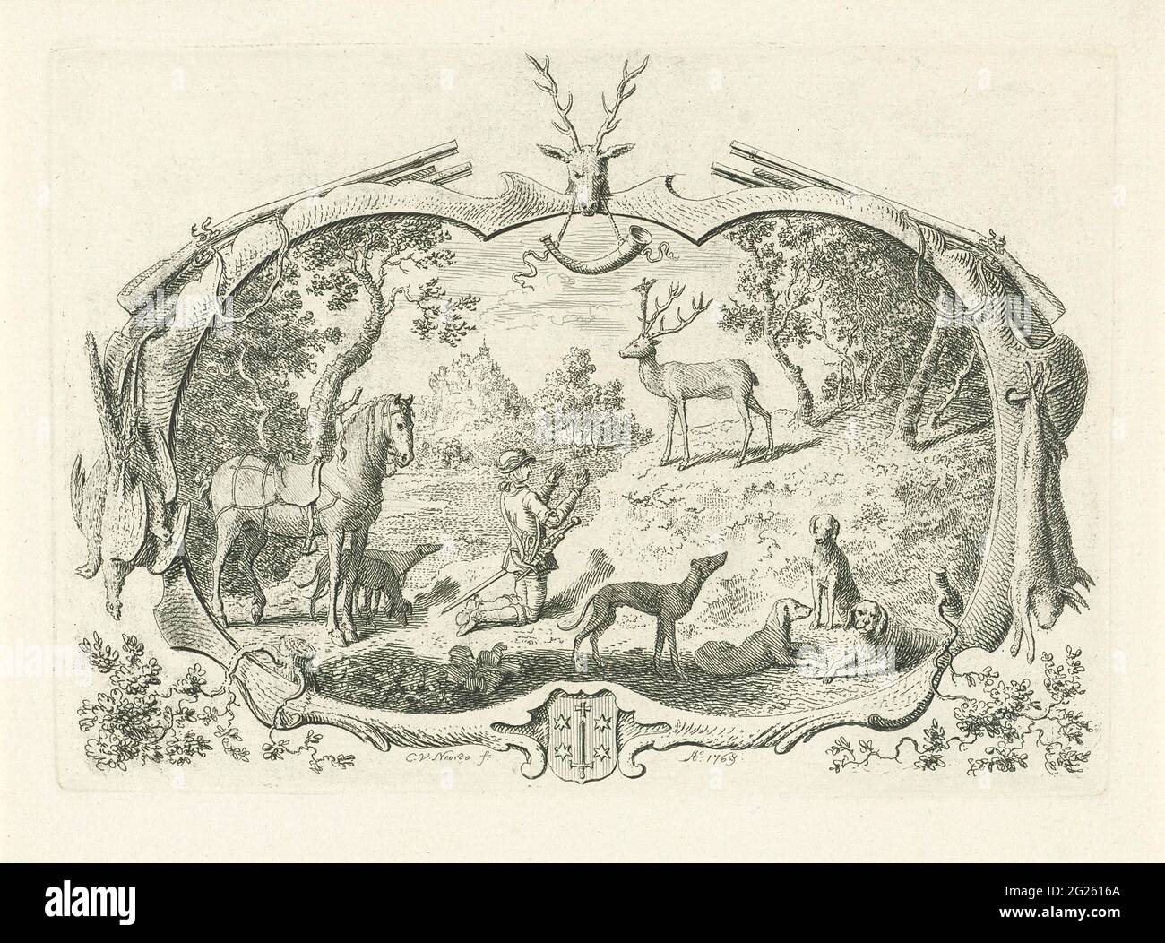 H. Hubertus. The Holy Hubert is kneeling on the ground for a herb or ...