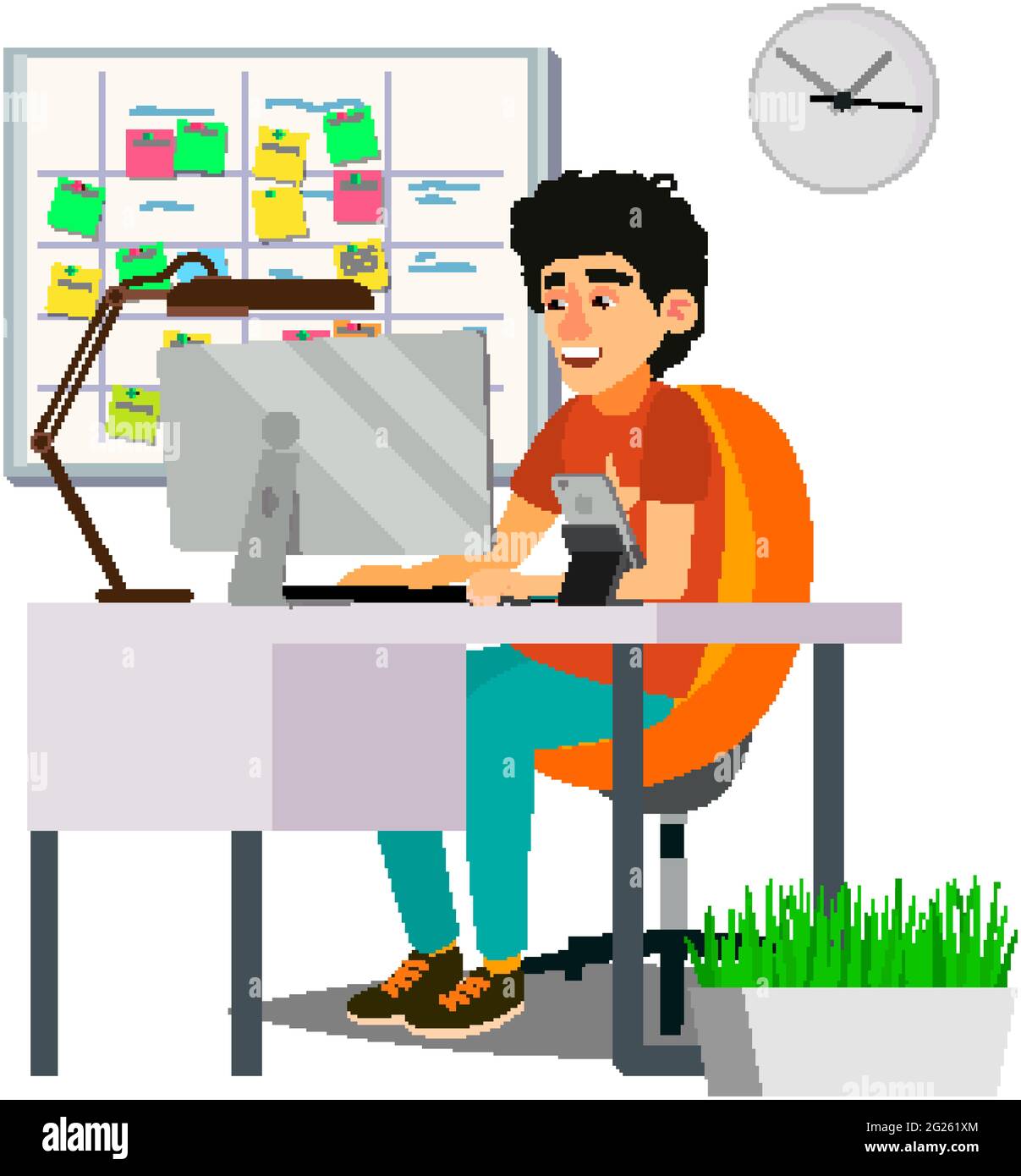 cute boy project manager planning strategy in office cartoon vector ...