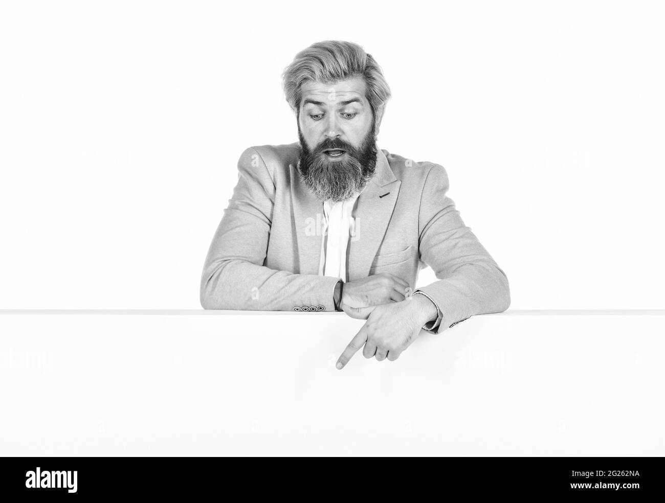 Banner happy man pointing Black and White Stock Photos & Images - Alamy