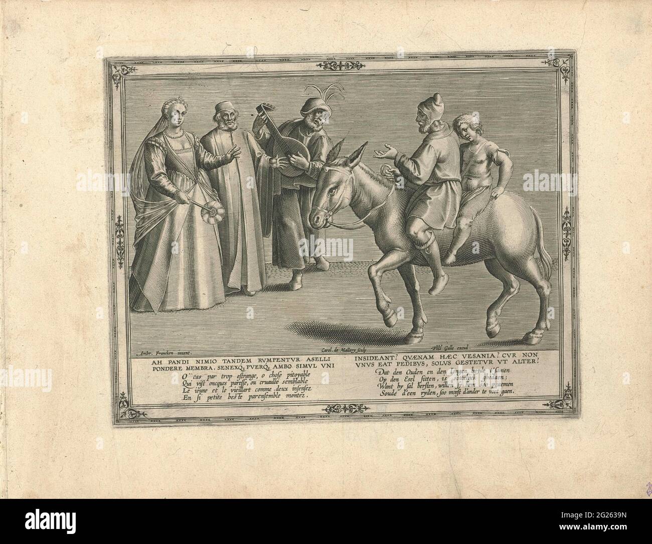 Father and son on the back of the donkey; Father's fable, son and ...