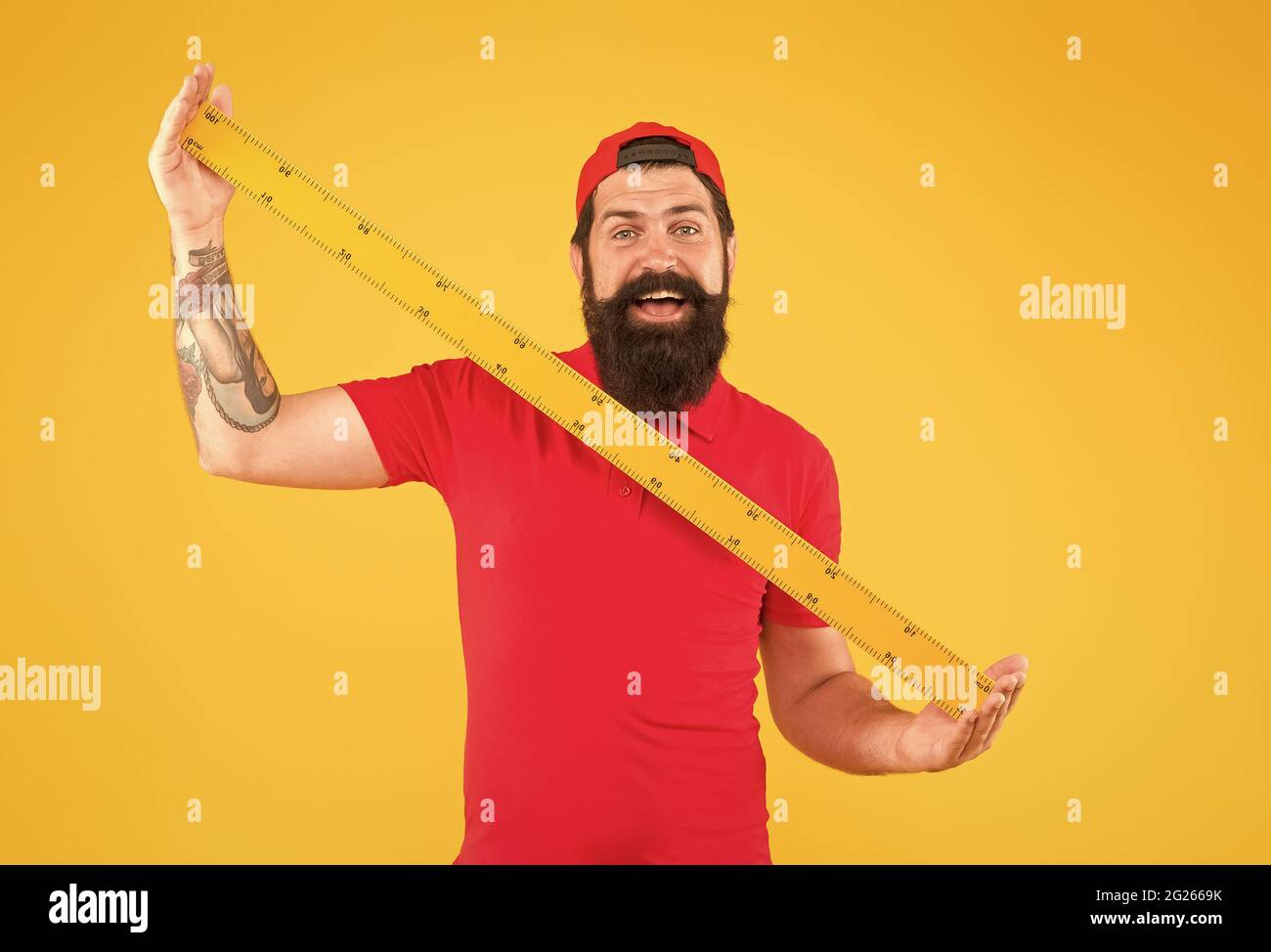 Post office worker with ruler. Big size. Measuring tool. Man holding ...