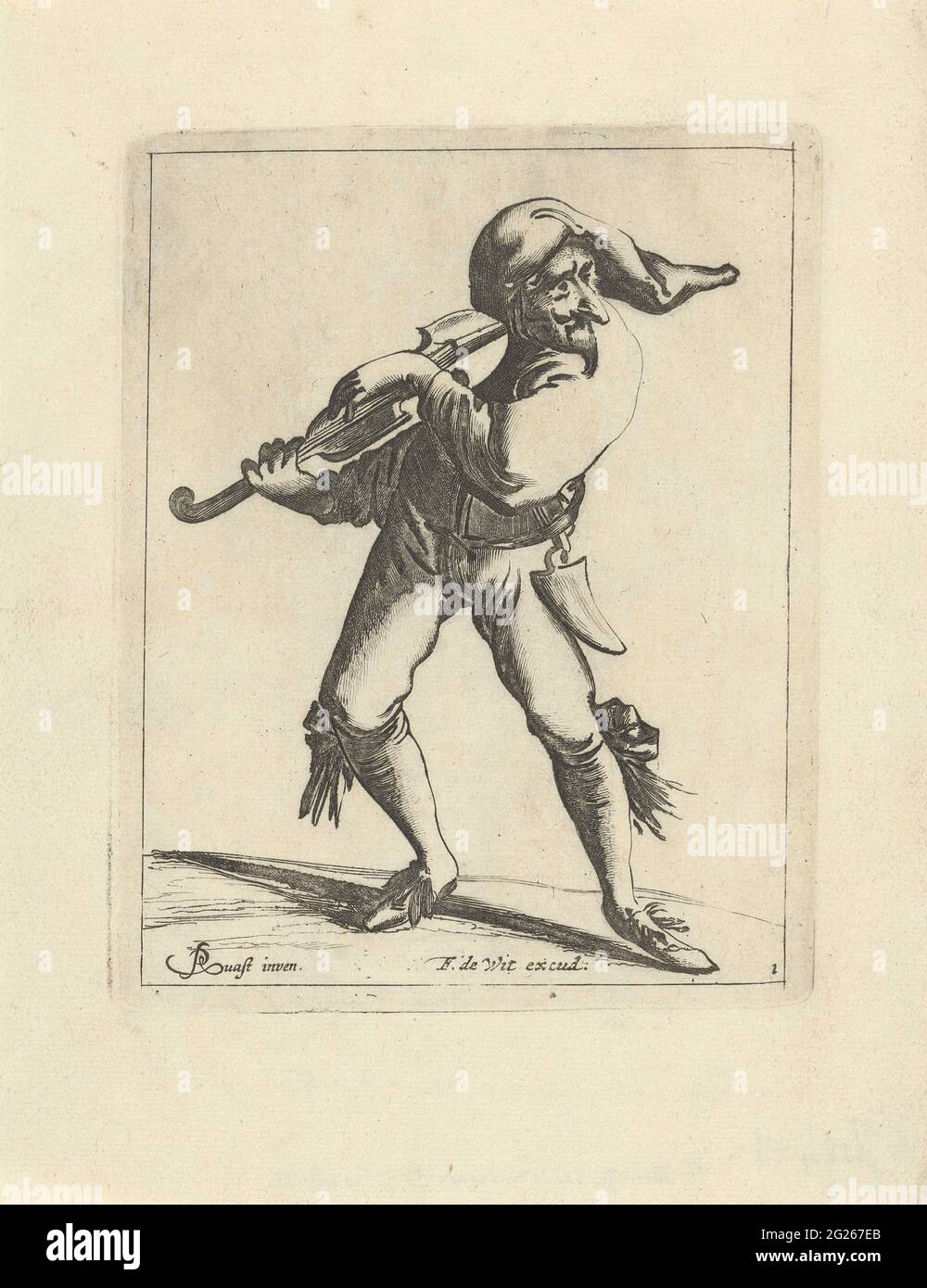 Jester with a violin; Twelve fools. A nar-like figure with a large nose ...