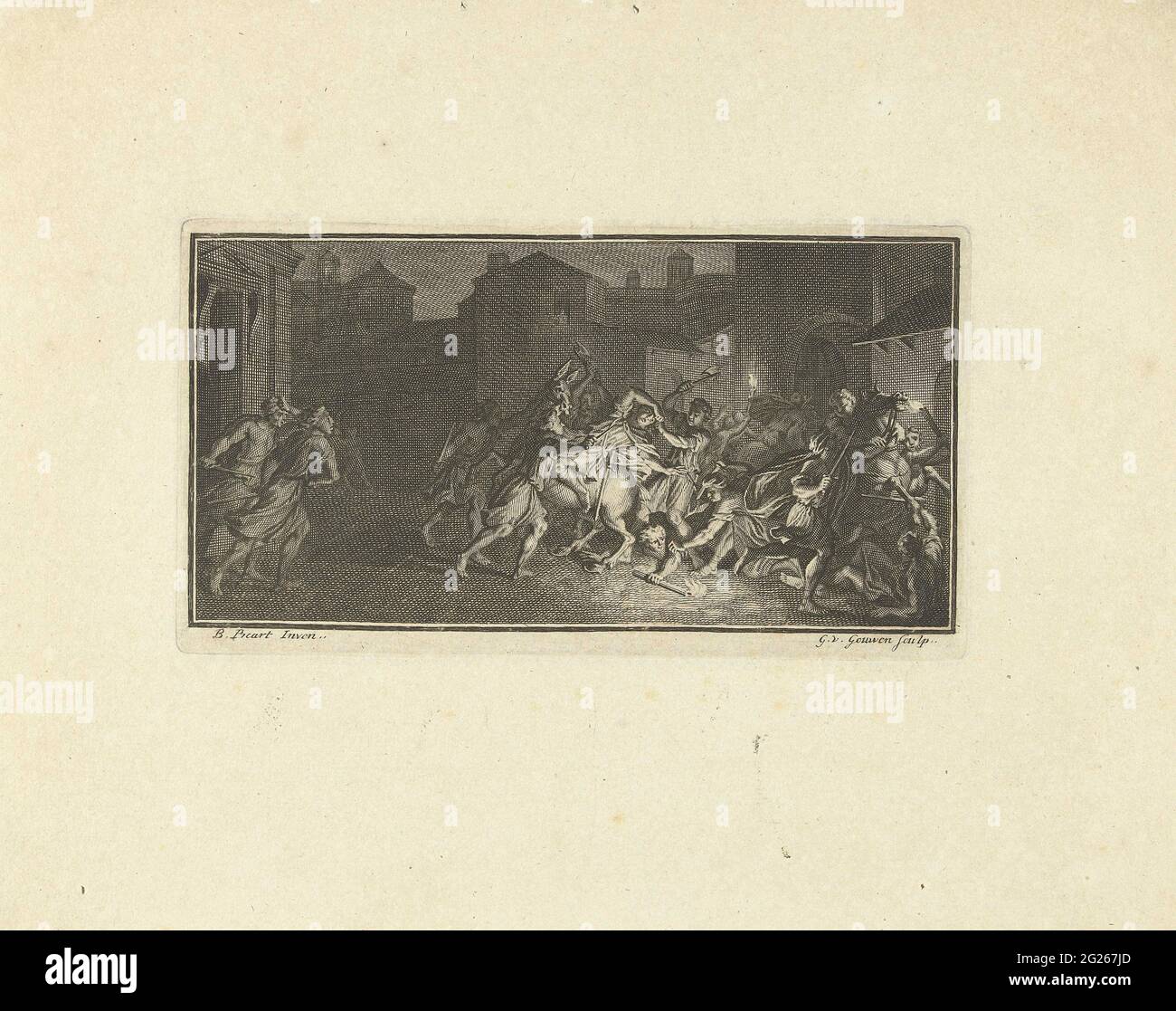 Night robbery. Two men are attacked in the streets of a city at night ...