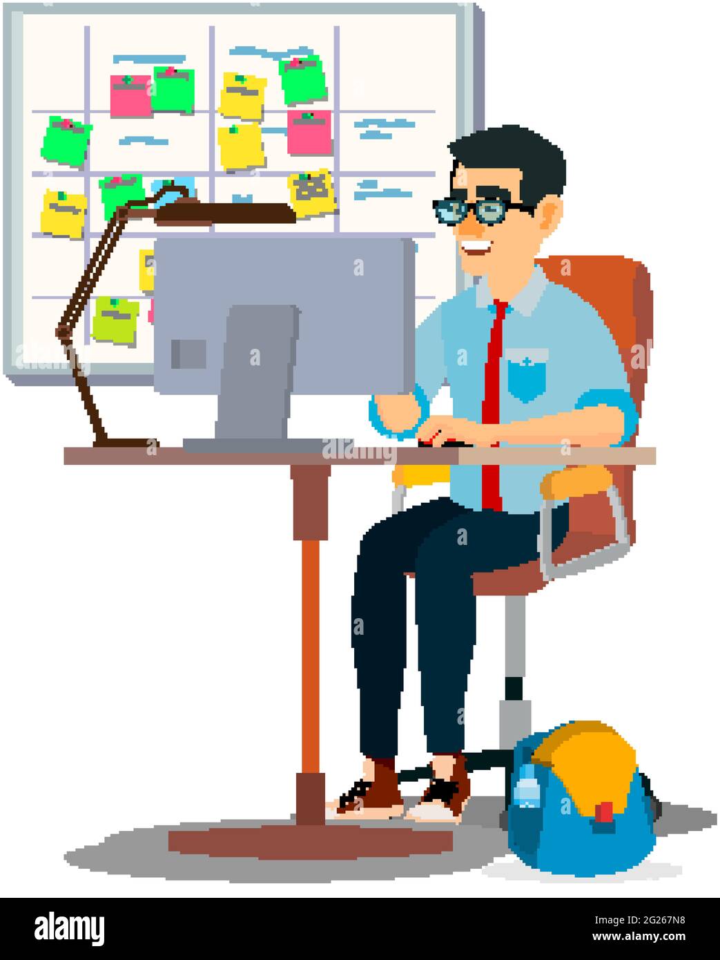 bright manager man preparing computer presentation using board notes ...