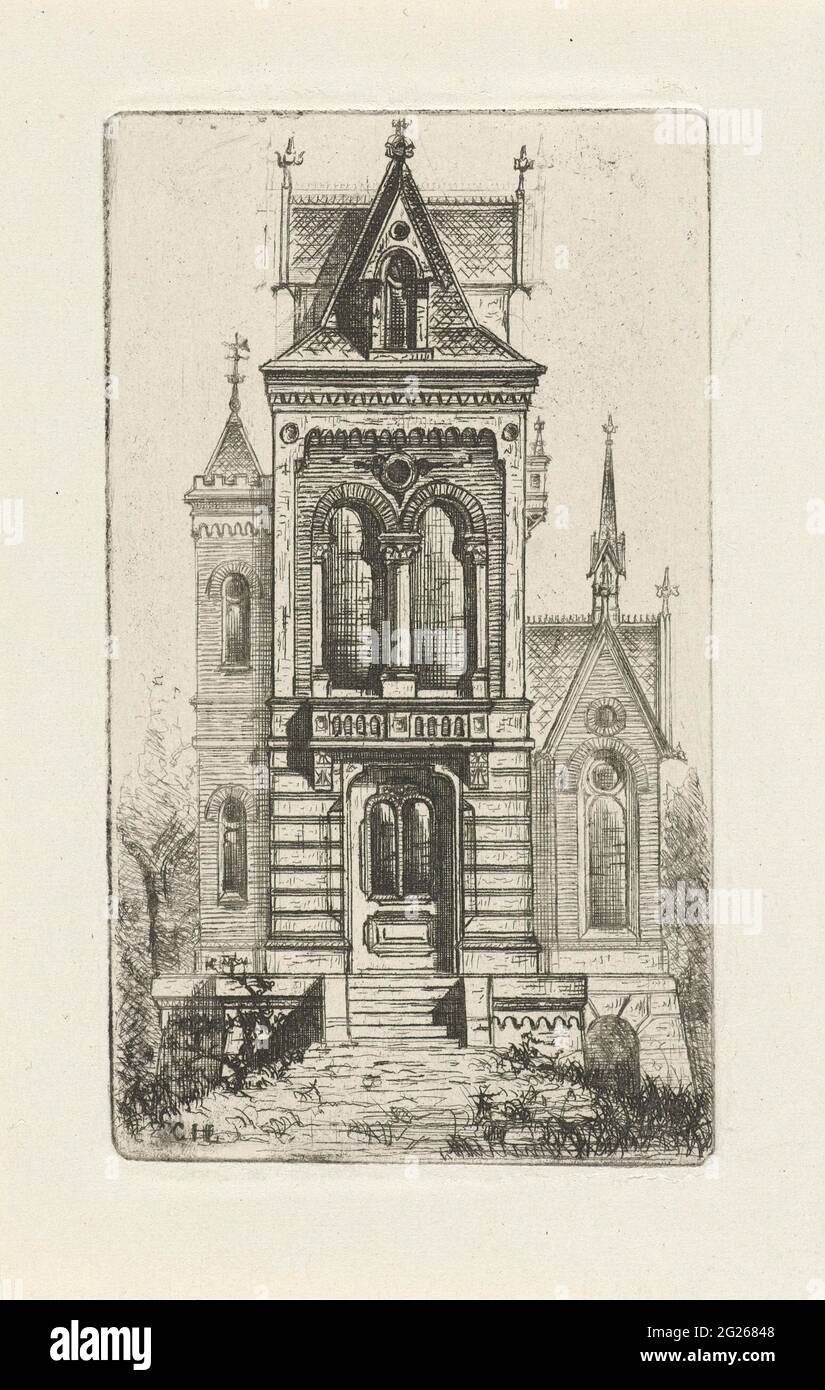 Gothic facade with turret. Front view of a gothic house with a tower ...